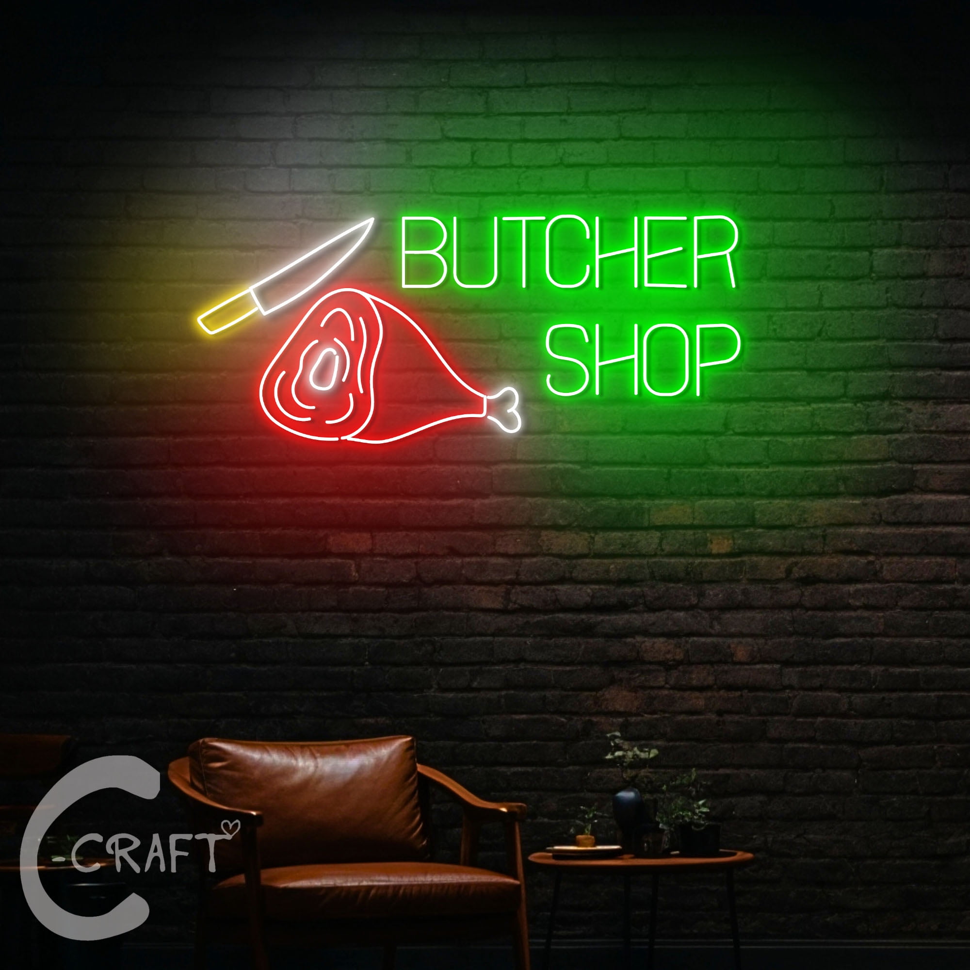 C-CRAFT Butcher Neon Sign LED Light 40 inch for Meat Shop Butcher Wall ...
