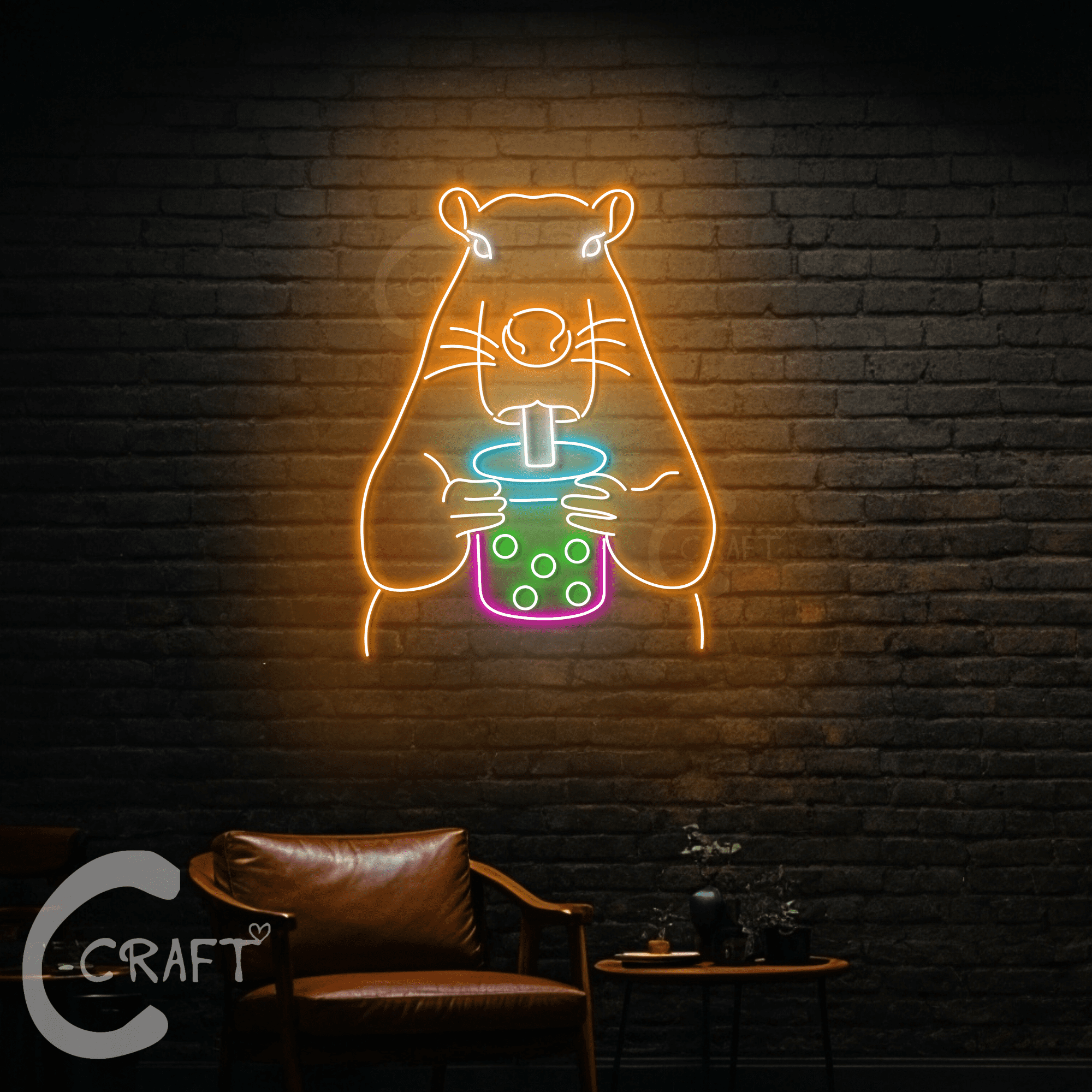 C-CRAFT Capybara Drink Boba Tea Neon Sign Led Light Up 35 inch for Boba ...