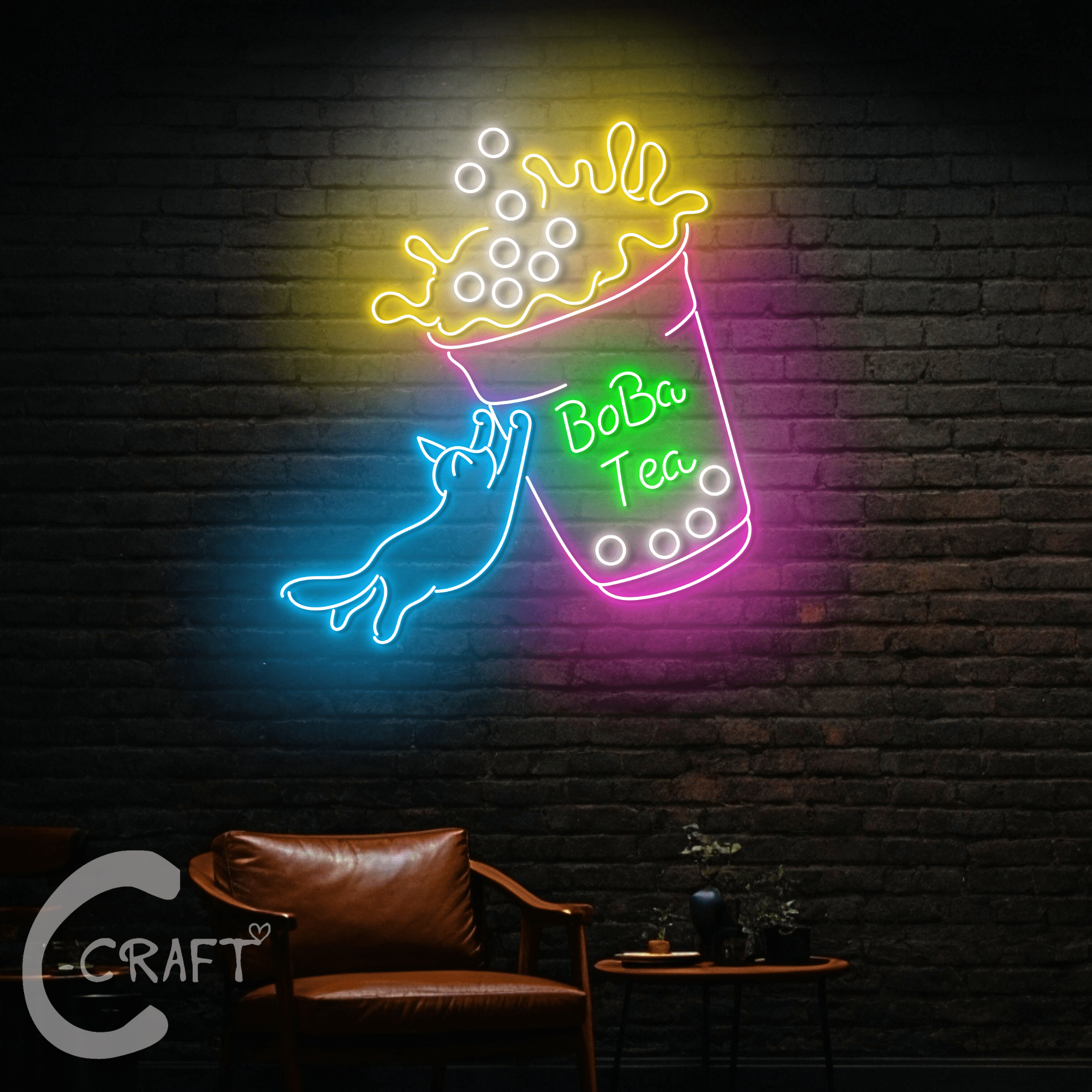 C-CRAFT Cat Boba Tea Neon Led Light Up 30 inch for Boba Tea Shop Decor ...