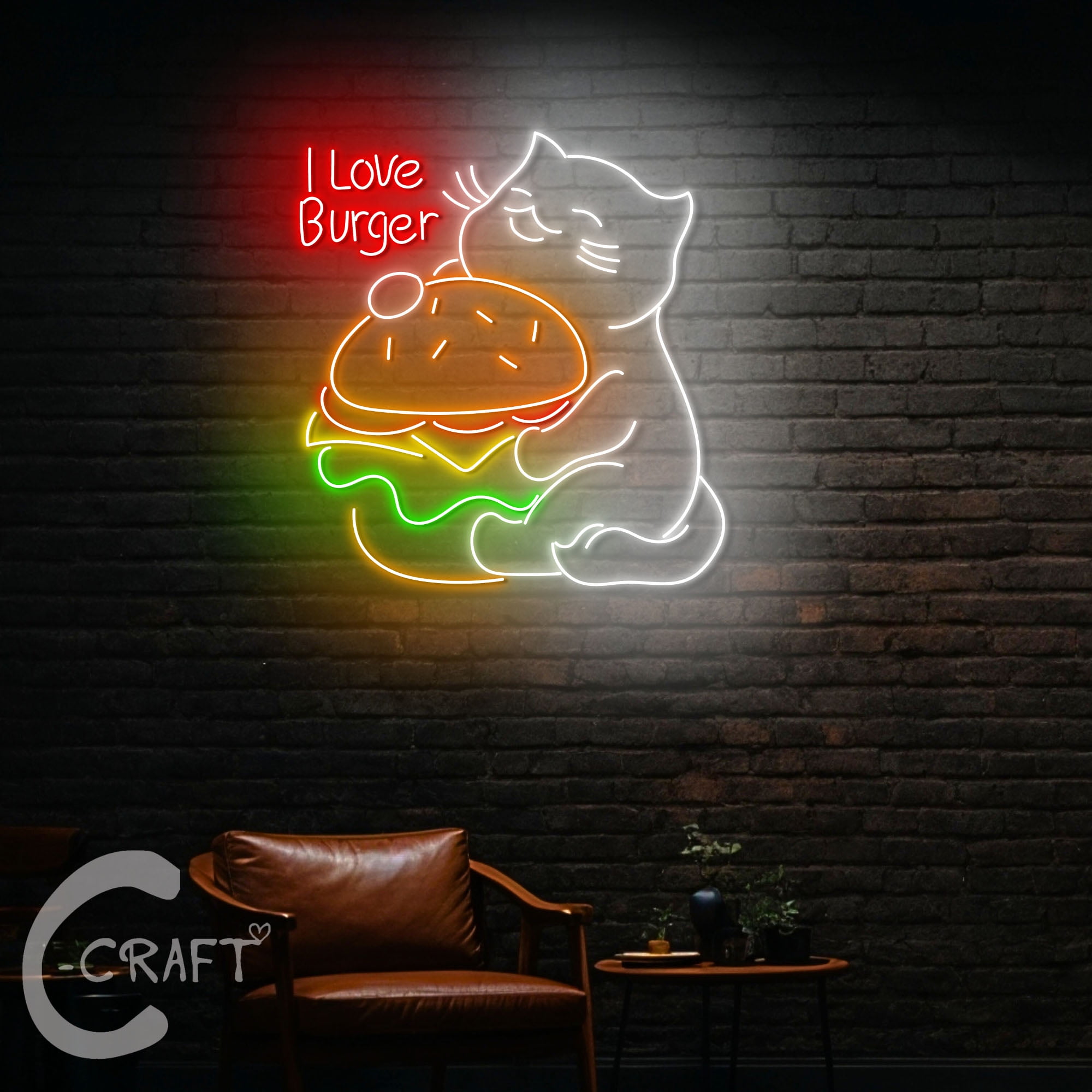 C-CRAFT Cat Burger Neon Led Light Up 27 inch for Burger Shop Kitchen ...