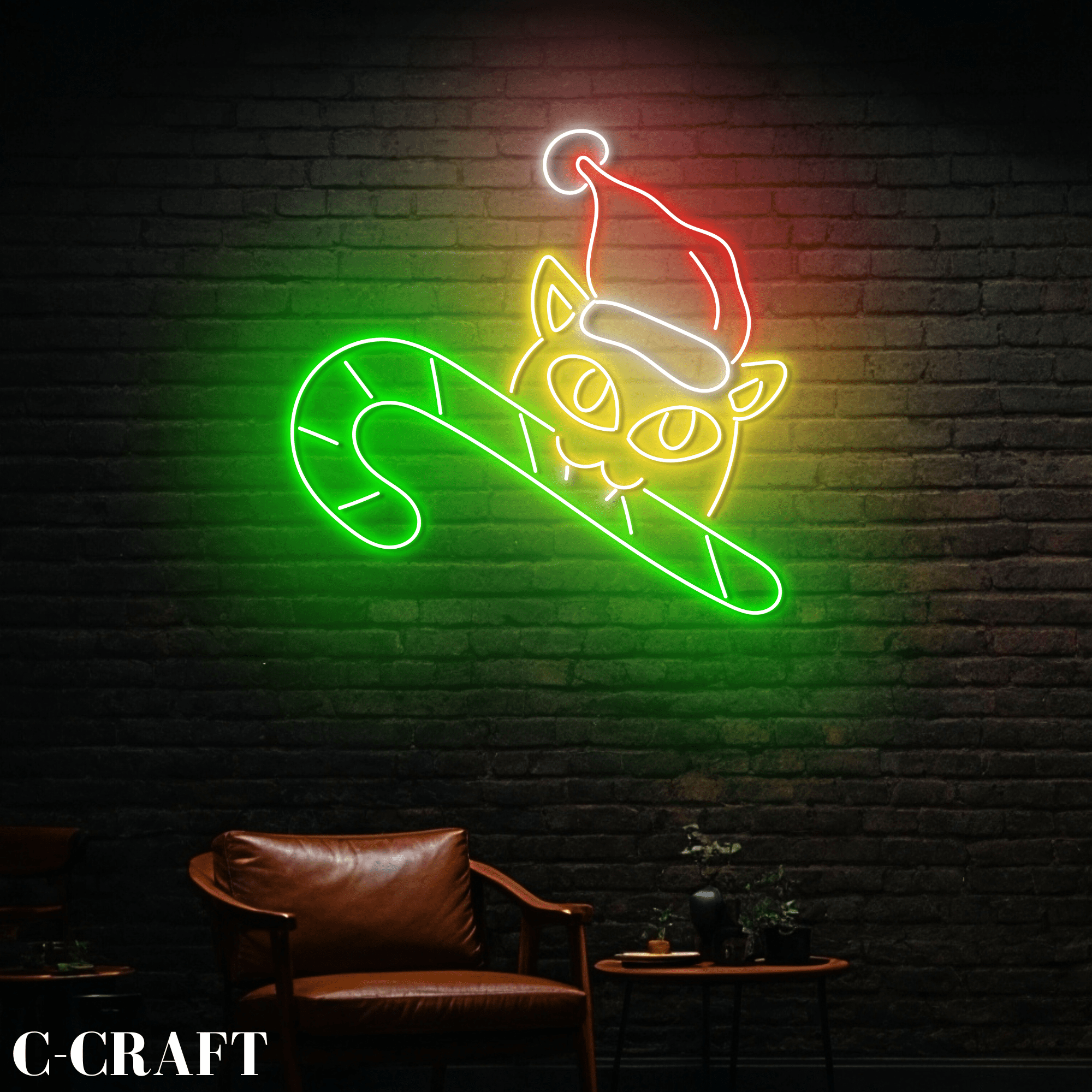 C-CRAFT Cat Candy Cane Christmas Wall Art Led Light Neon Sign For Candy ...