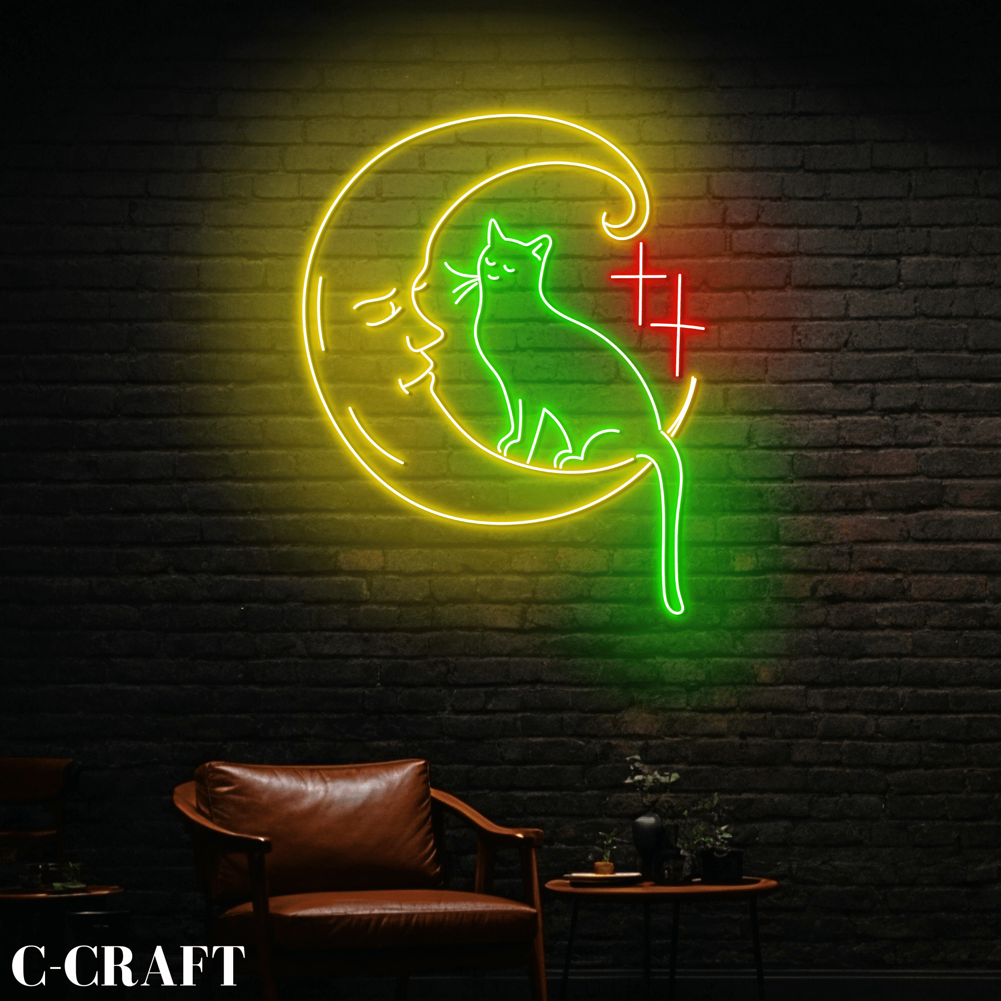 C-CRAFT Cat Crescent Moon Neon Led Light Sign Wall Art for Cat Lover ...