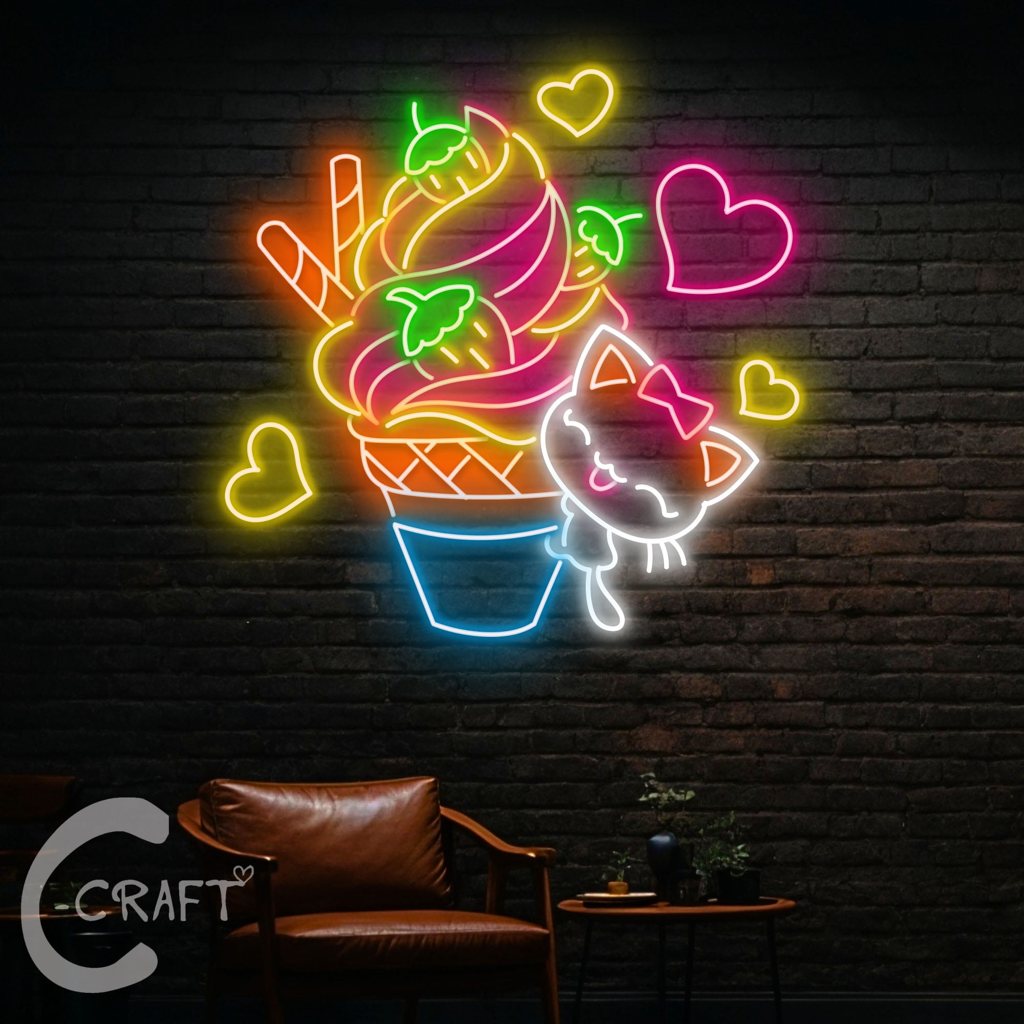 C-CRAFT Cat Ice Cream Neon Sign LED Light 33 inch for Ice Cream Dessert ...