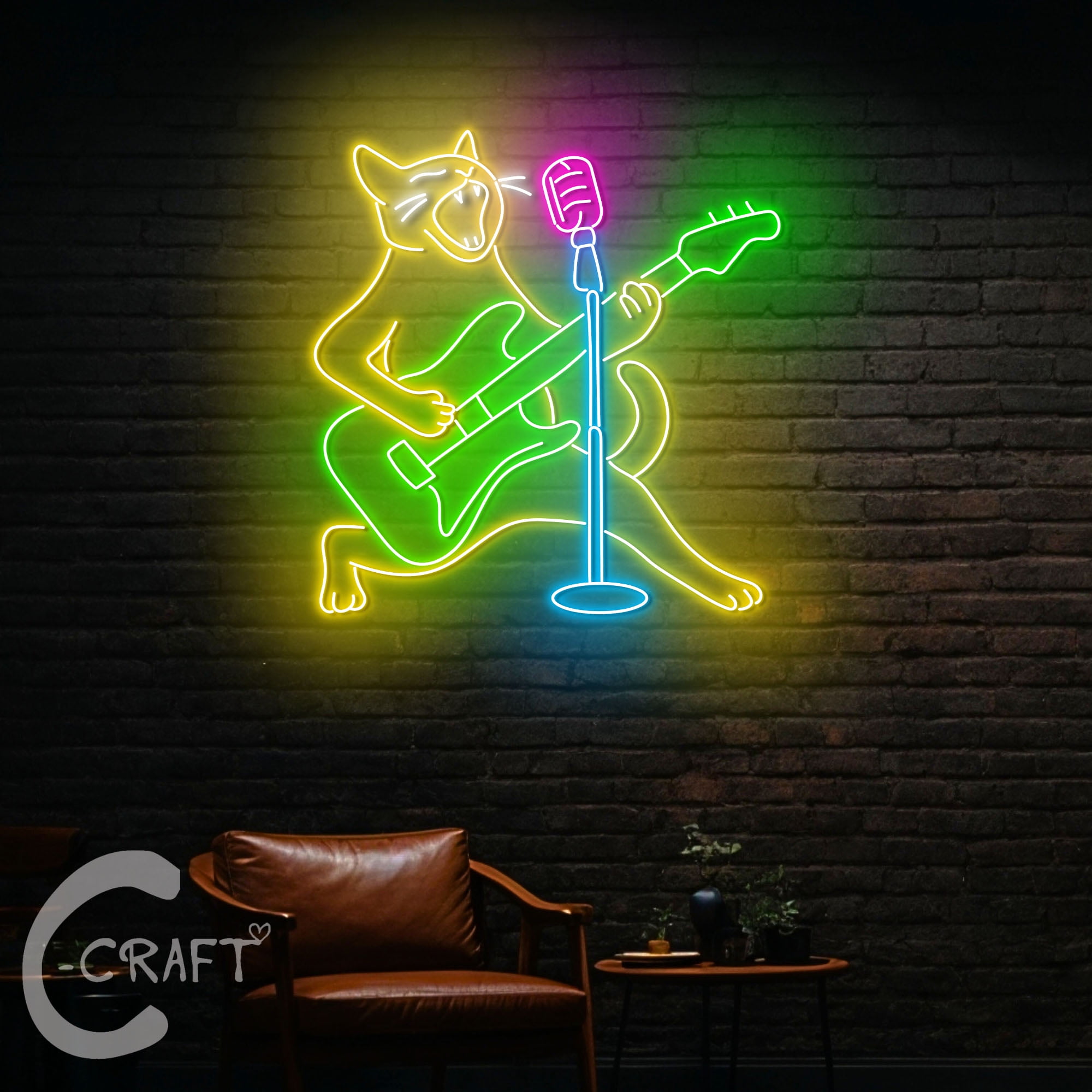 C-CRAFT Cat Rock Guitarist Neon Led Light Up 30 inch for Music Club Cat ...
