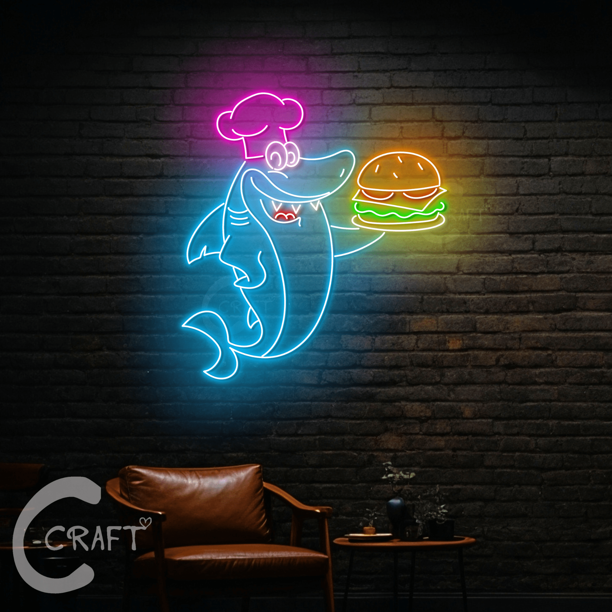 C-CRAFT Chef Blue Shark Burger Neon Light Led Sign 40 inch for ...
