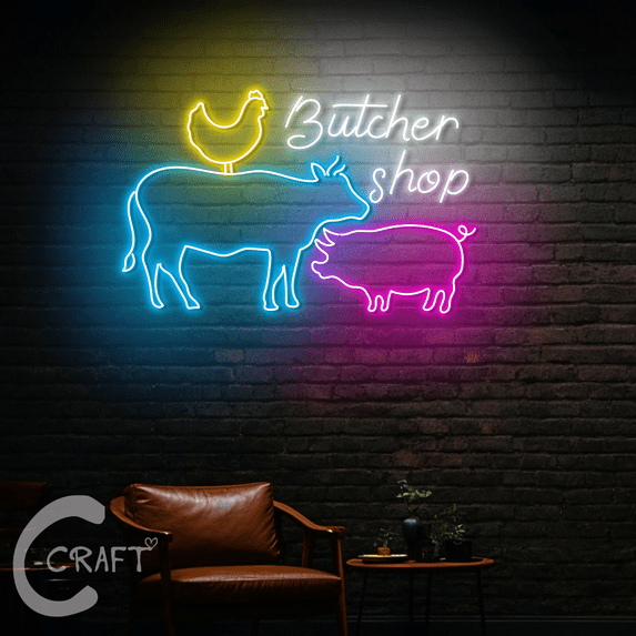 C-CRAFT Chicken Cow Pig Neon Led Light Up 30 inch for Butcher Meat Shop ...