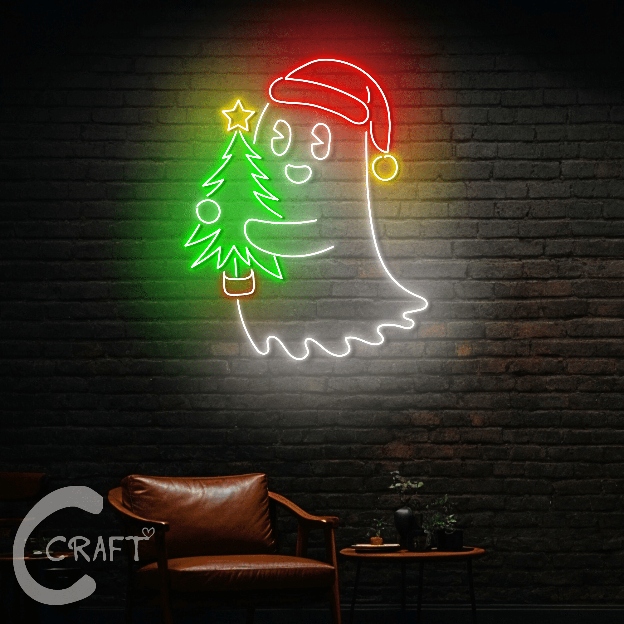 C-CRAFT Christmas Ghost Pine Tree Neon Led Light Up 33 inch for Home ...