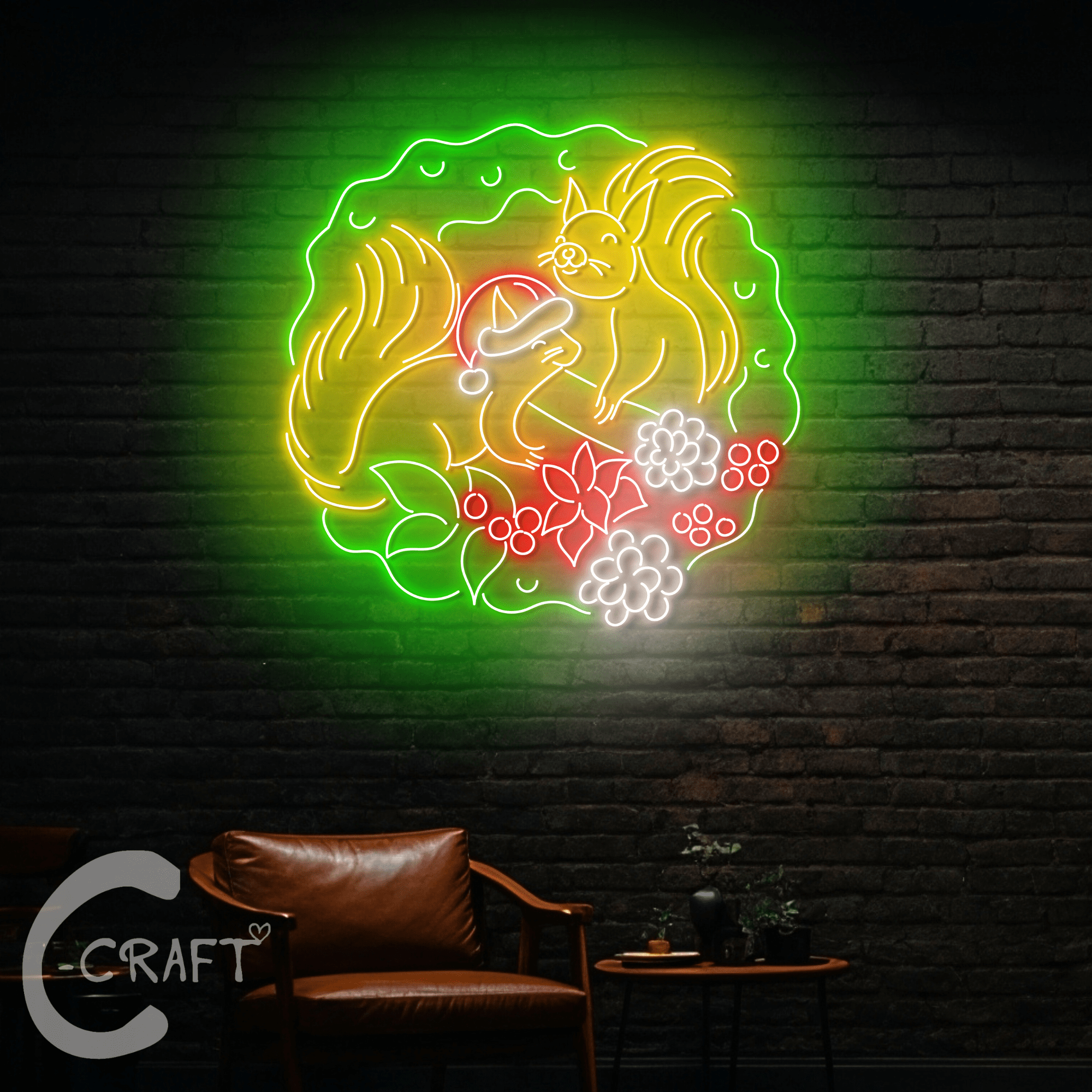C-CRAFT Christmas Squirrel Wreath Neon Led Light 25 inch for Home ...