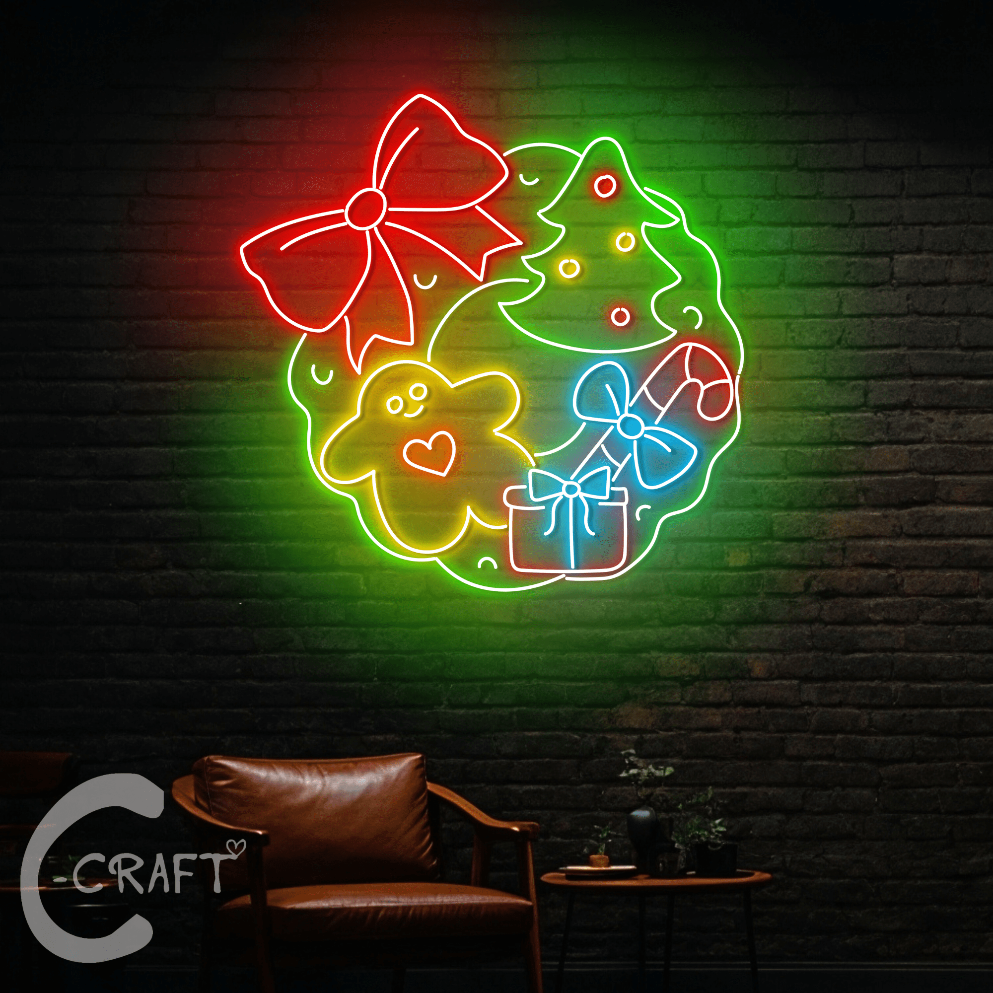 C-CRAFT Christmas Wreath Neon Led Light for Living Room Wall Art Decor ...