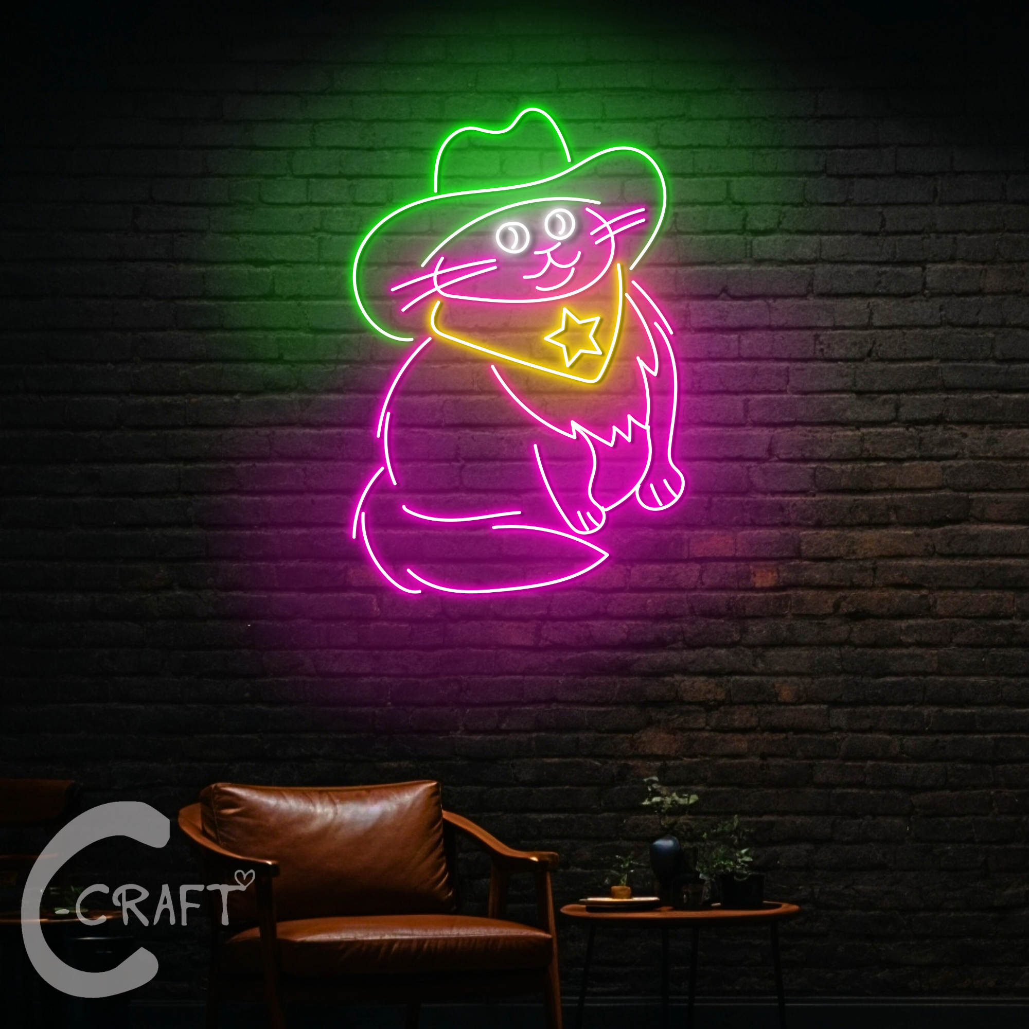 C-CRAFT Chubby Cowboy Cat Neon Led Light Up 23 inch for Western Cowboy ...