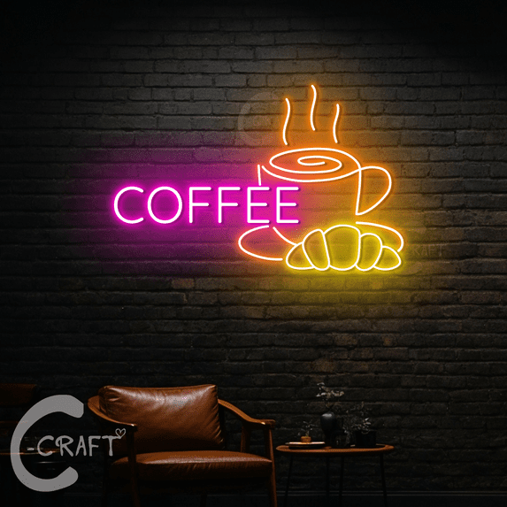C-CRAFT Coffee Croissant Neon Sign Led Light Up 35 inch for Coffee Shop ...
