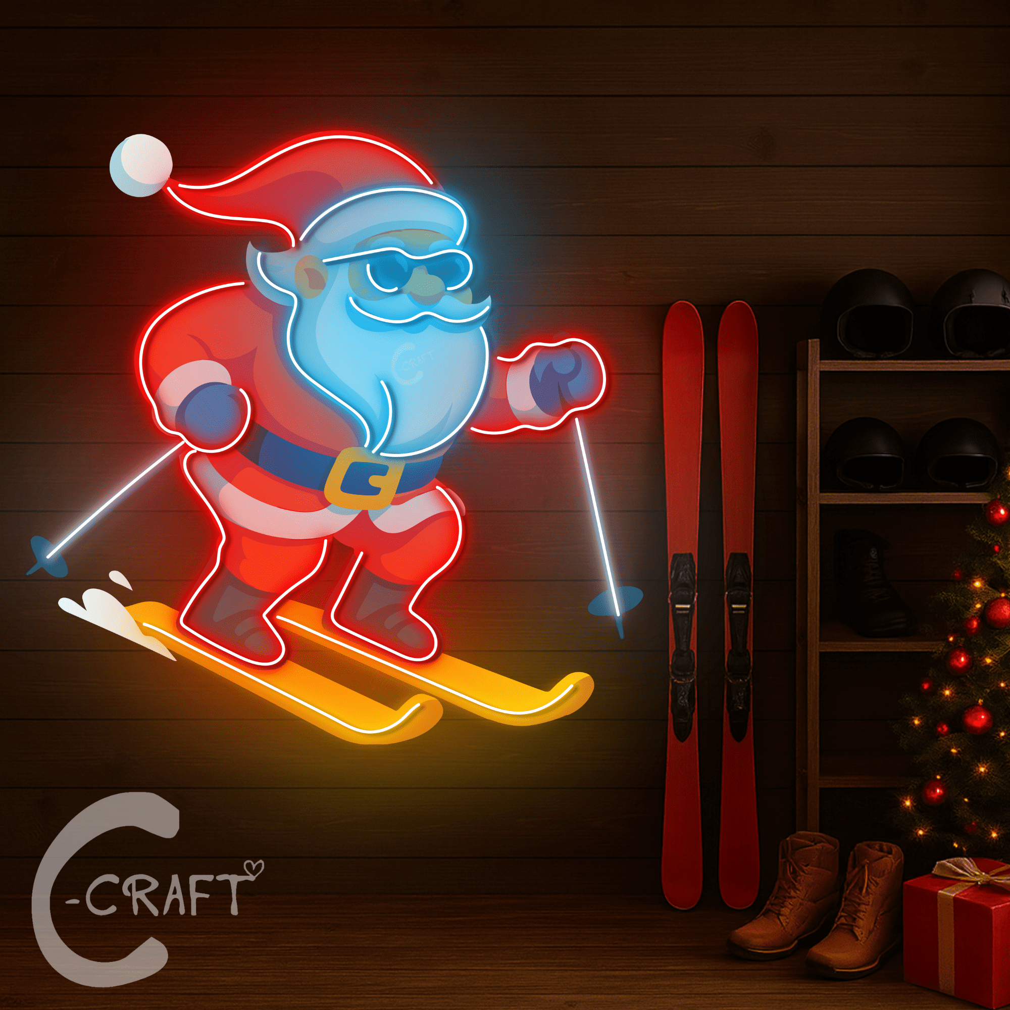 C-CRAFT Cool Skiing Santa Neon Light Sign 27 Inches, Funny LED Wall Art ...