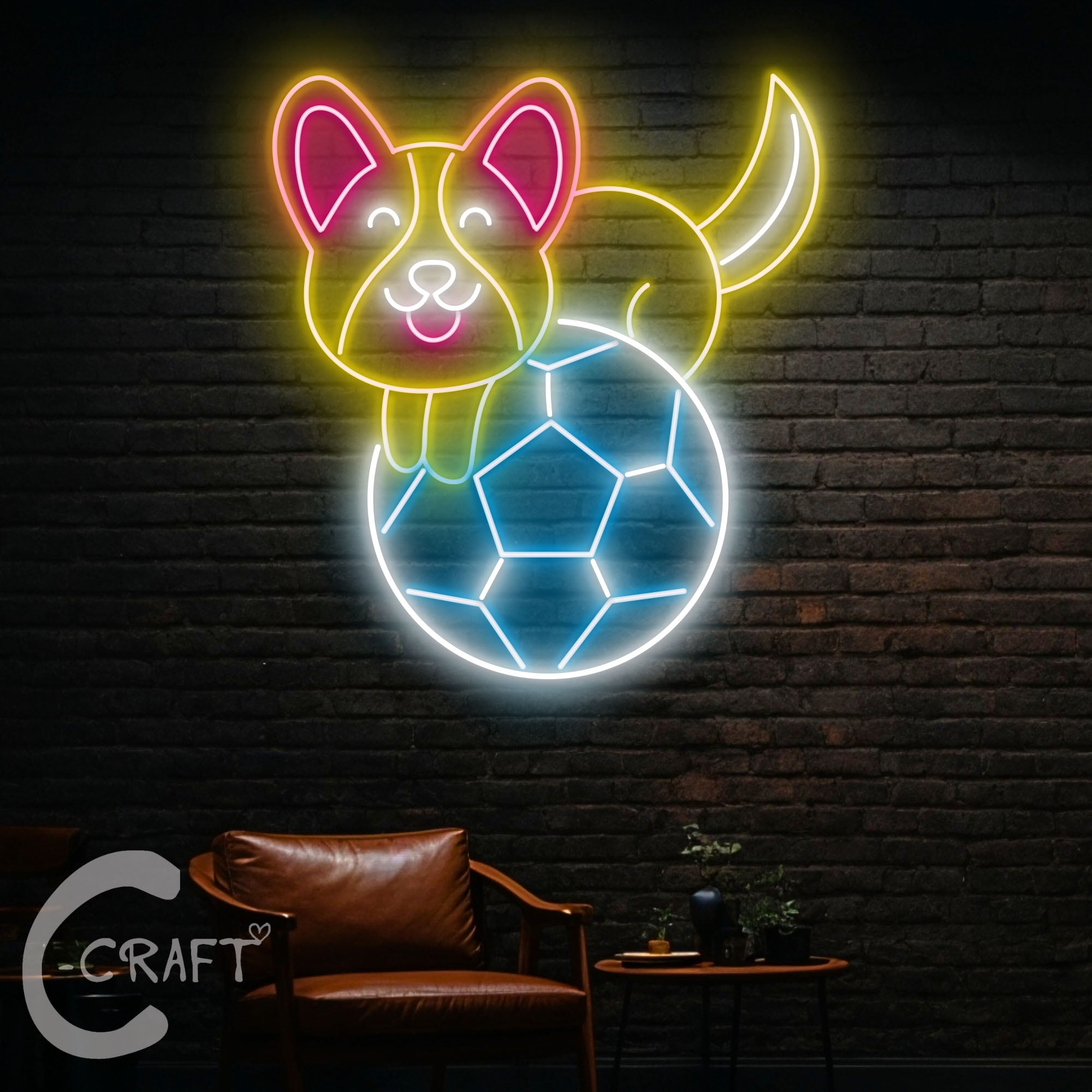 C-CRAFT Corgi Dog Soccer Ball Neon Sign LED Light 23 inch for Dog Shop ...