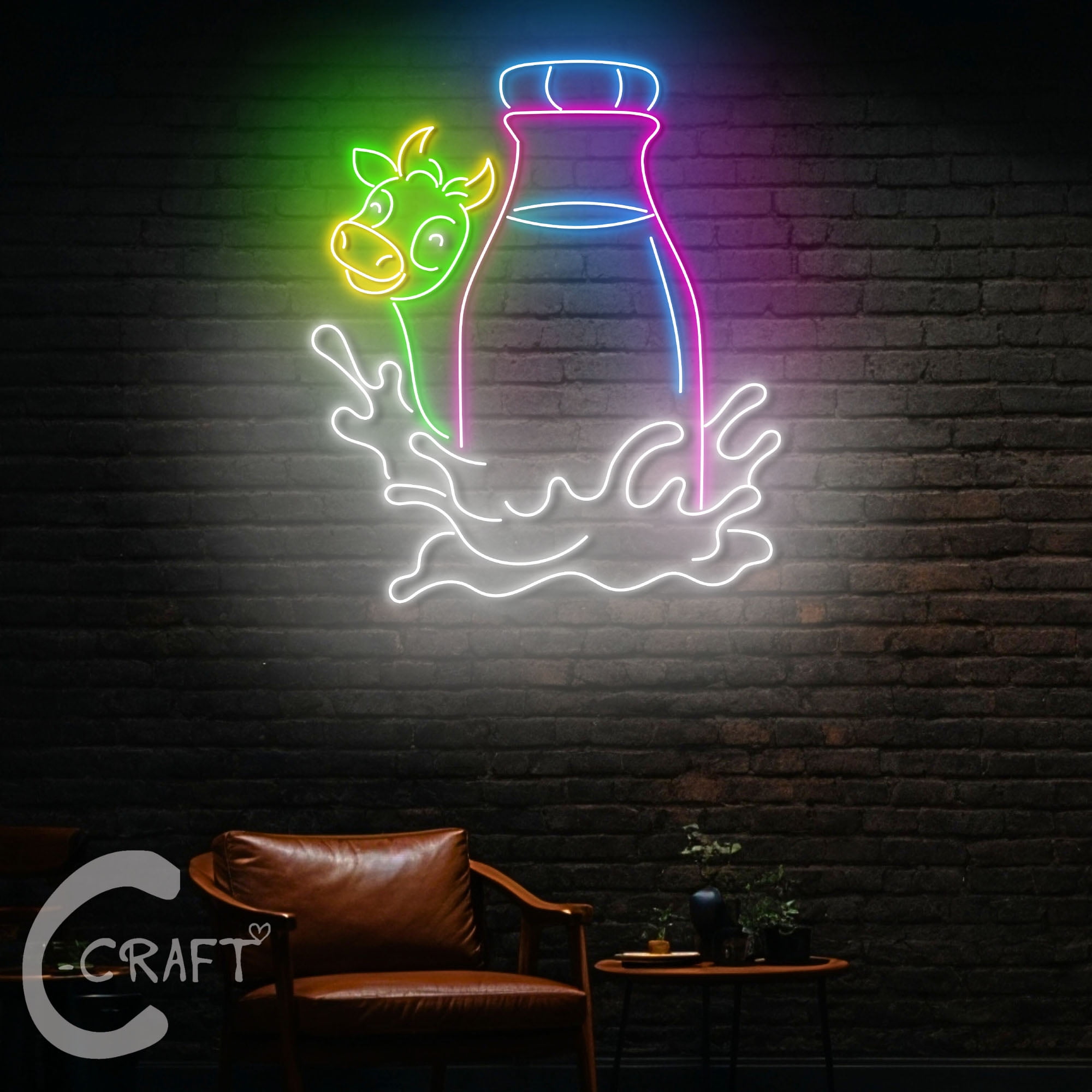 C-CRAFT Cow Milk Neon Led Light Up 27 inch for Cow Milk Shop Cow Farm ...