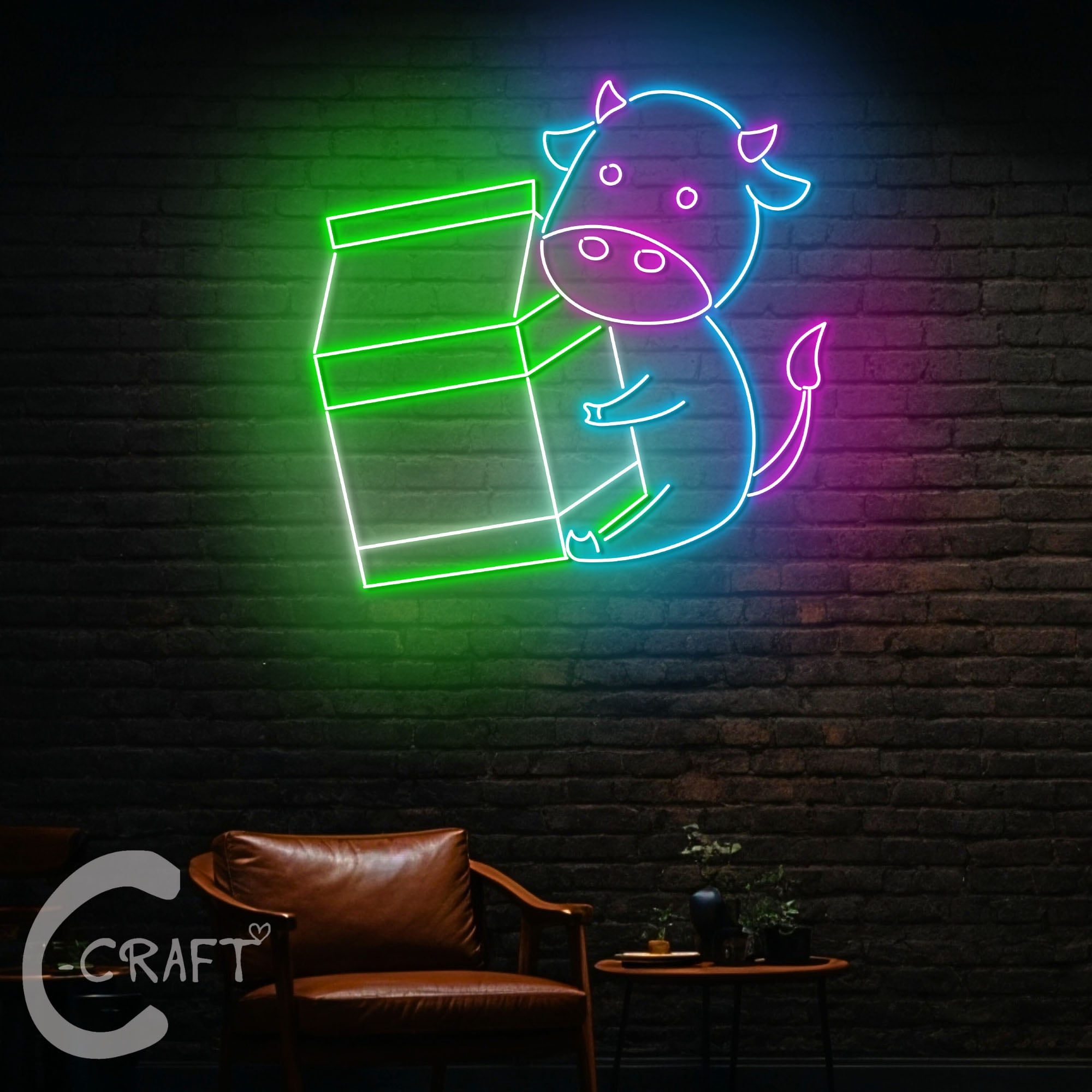 C-CRAFT Cow with Milk Box Neon Led Light Up 40 inch for Cow Milk Shop ...