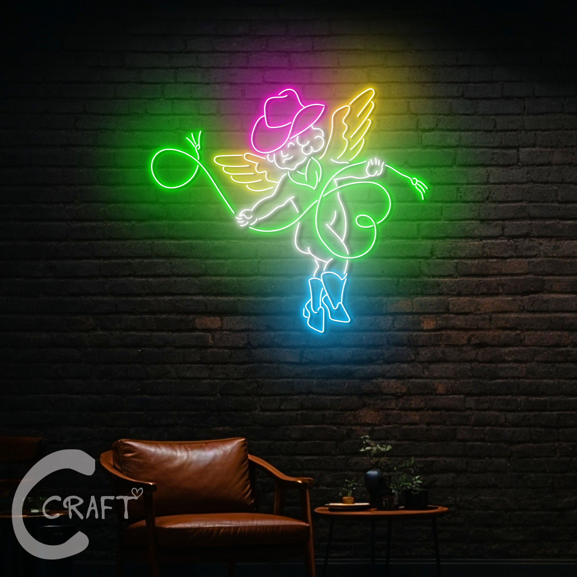 C-CRAFT Cowboy Cupid Angel Neon Led Light Up 35 inch for Western Cowboy ...