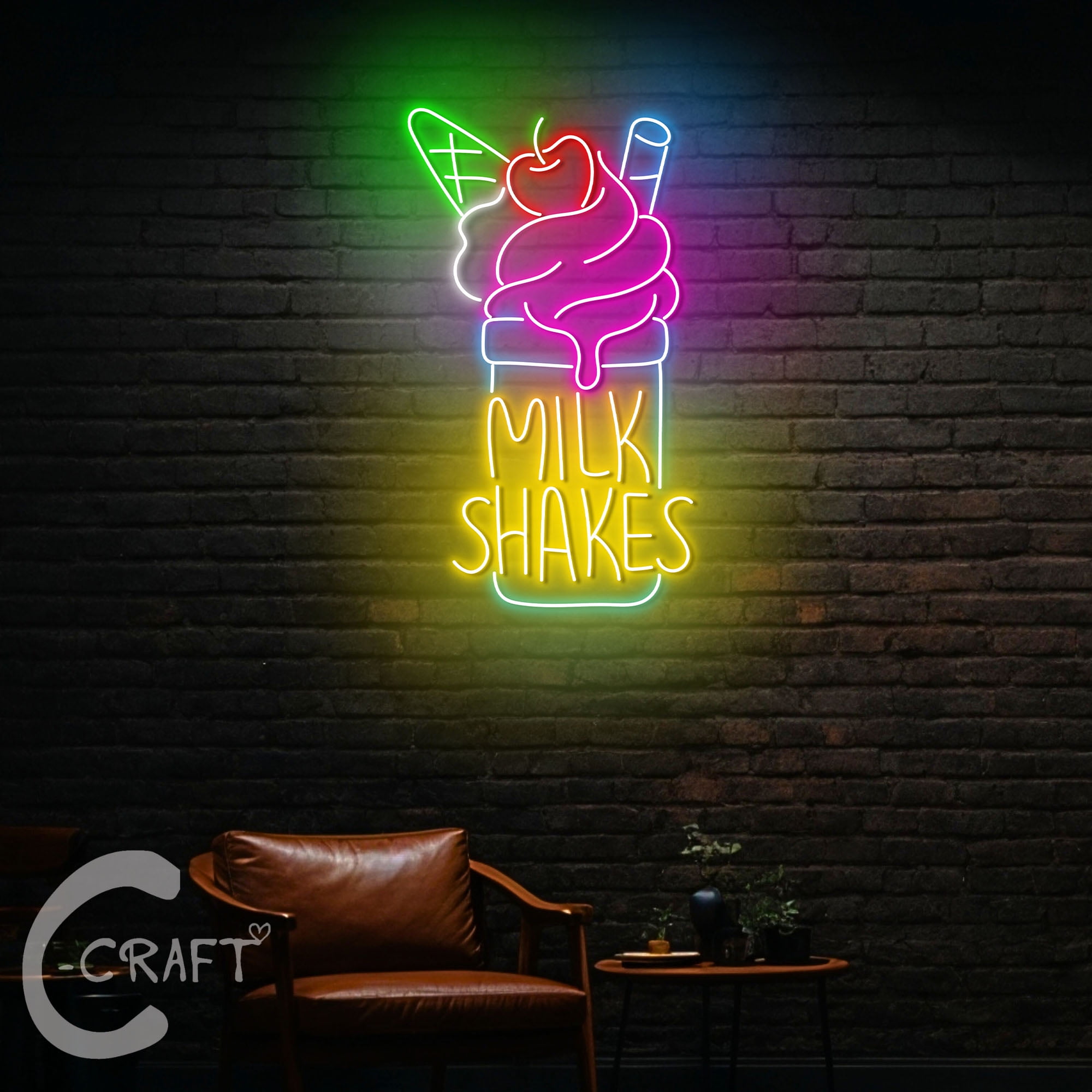 C-CRAFT Crispy Waffle Milkshake Neon Led Light Up 30 inch for Milkshake ...