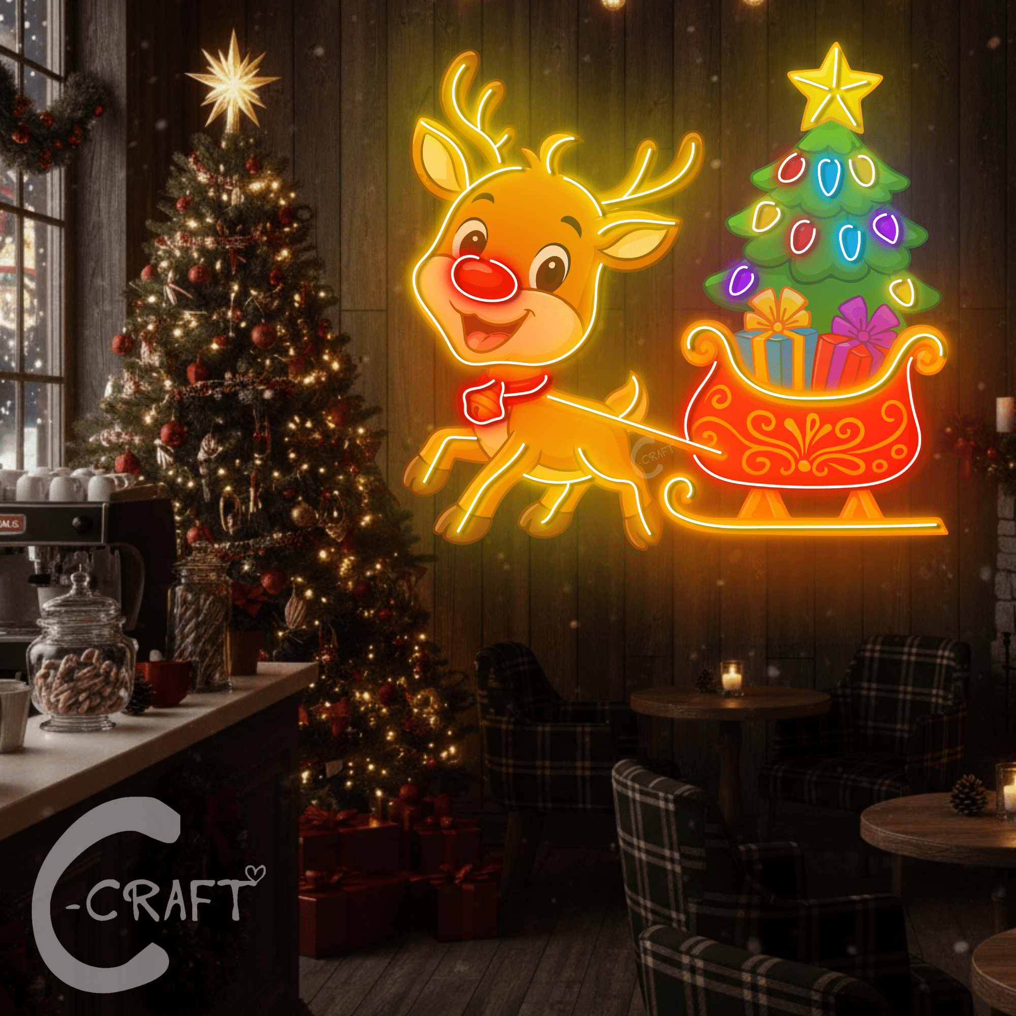 C-CRAFT Cute Christmas Reindeer Sleigh Neon Sign 30 Inches, LED Wall ...