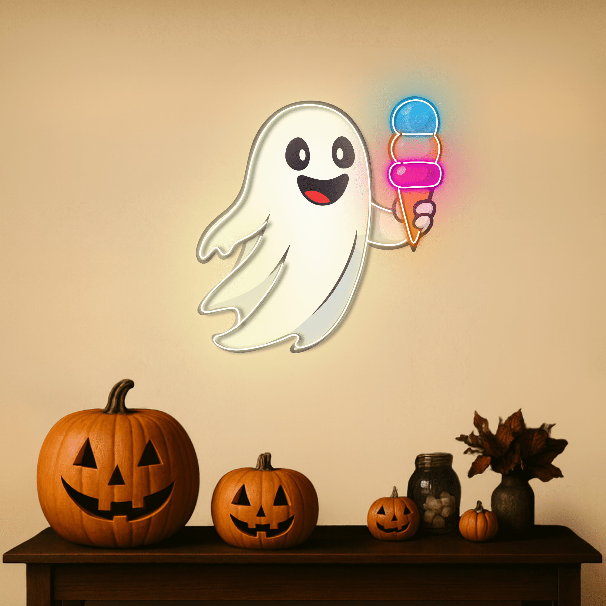 C-CRAFT Cute Ghost Ice Cream Neon Light Sign 20 Inches for Haunted Home ...