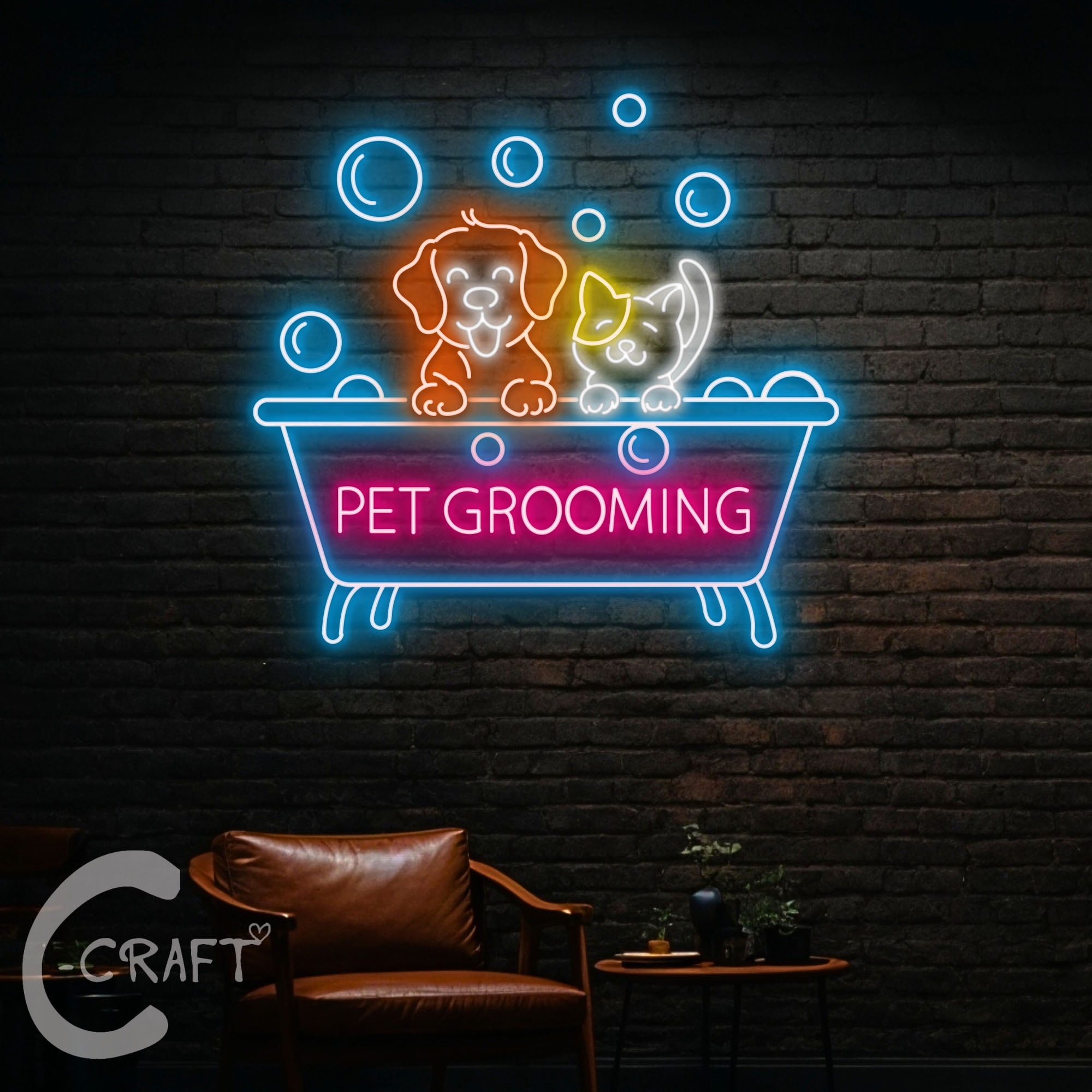 C-CRAFT Dog & Cat in Bath Neon Sign LED Light 27 inch for Pet Grooming ...