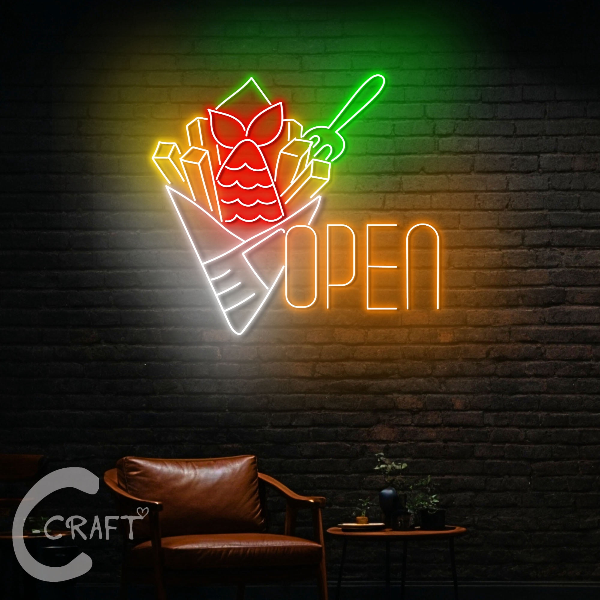 C-CRAFT Fish & Chips Open Neon Sign LED Light 27 inch for Beauty Fish ...