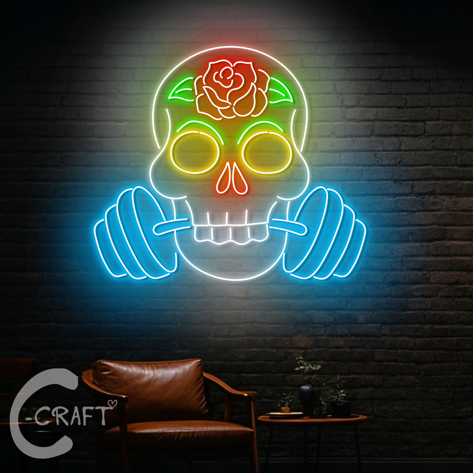 C-CRAFT Floral Skull Deadlift Neon Led Light Up 33 inch for Fitness ...