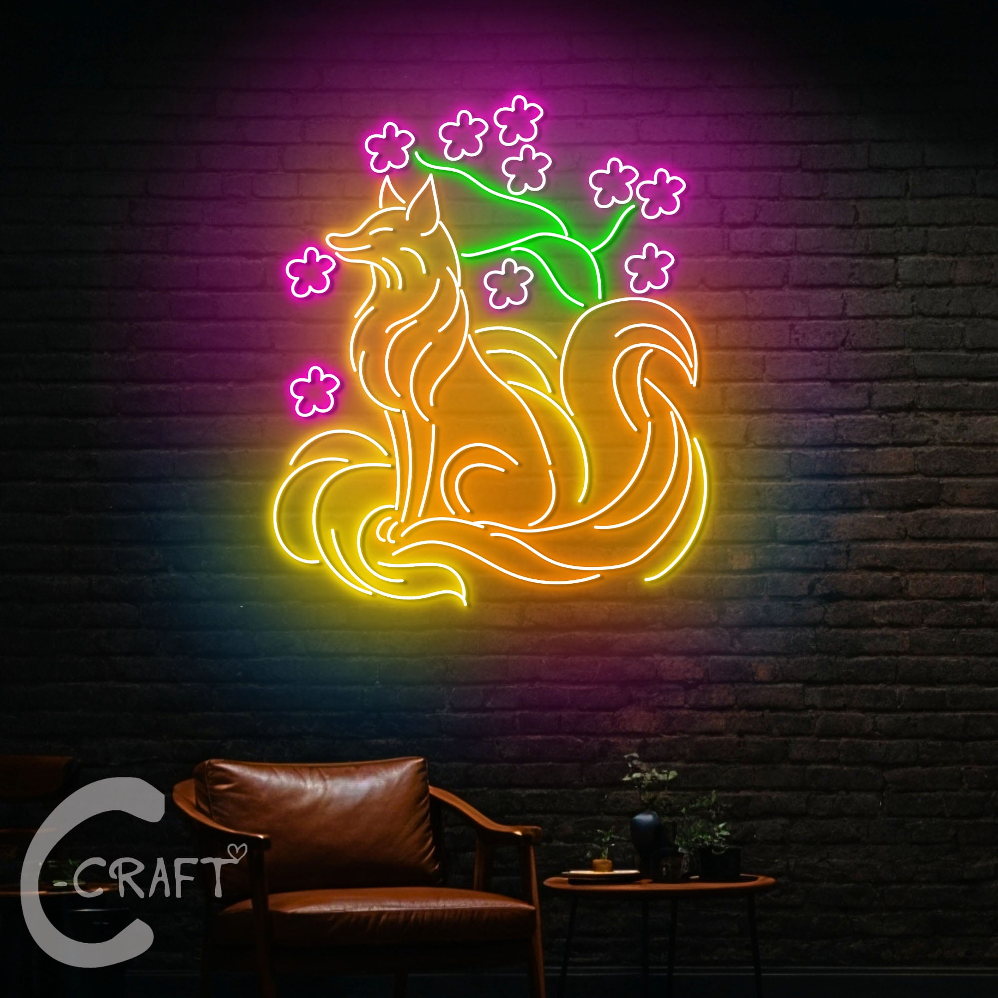 C-CRAFT Flower Nine Tailed Fox Neon Sign LED Light 35 inch for Home Bar ...