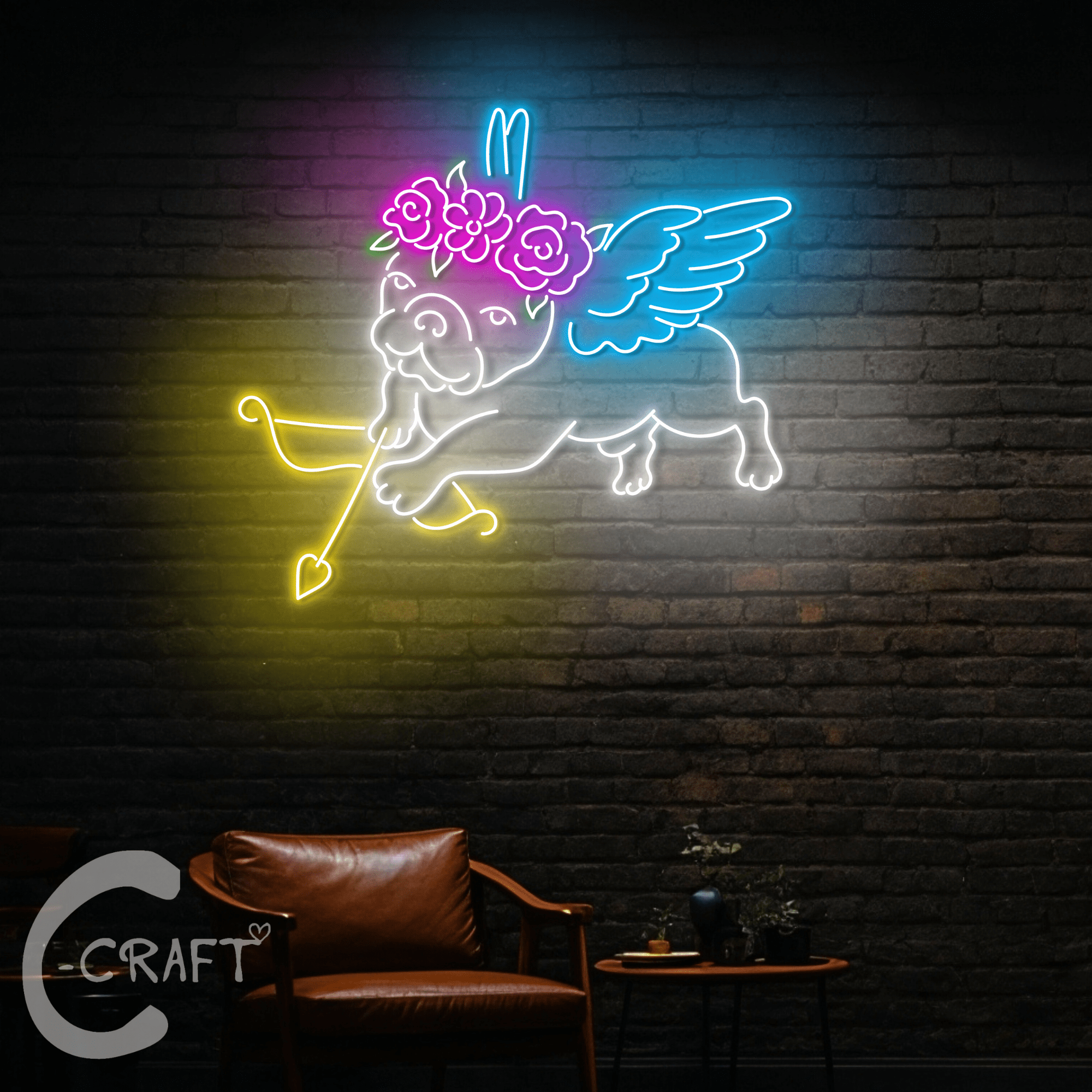 C-CRAFT French Bulldog Cupid Neon Led Light Sign 38 inch for Valentine ...