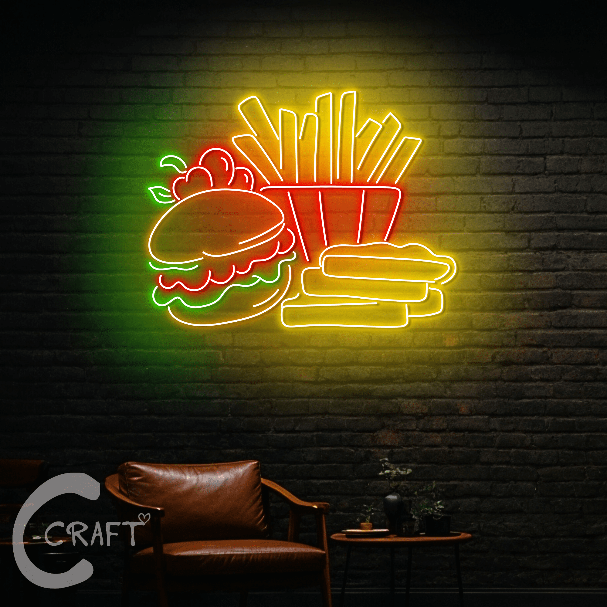C-CRAFT French Fries Burger Neon Led Light Sign 38 inch for Fast Food ...