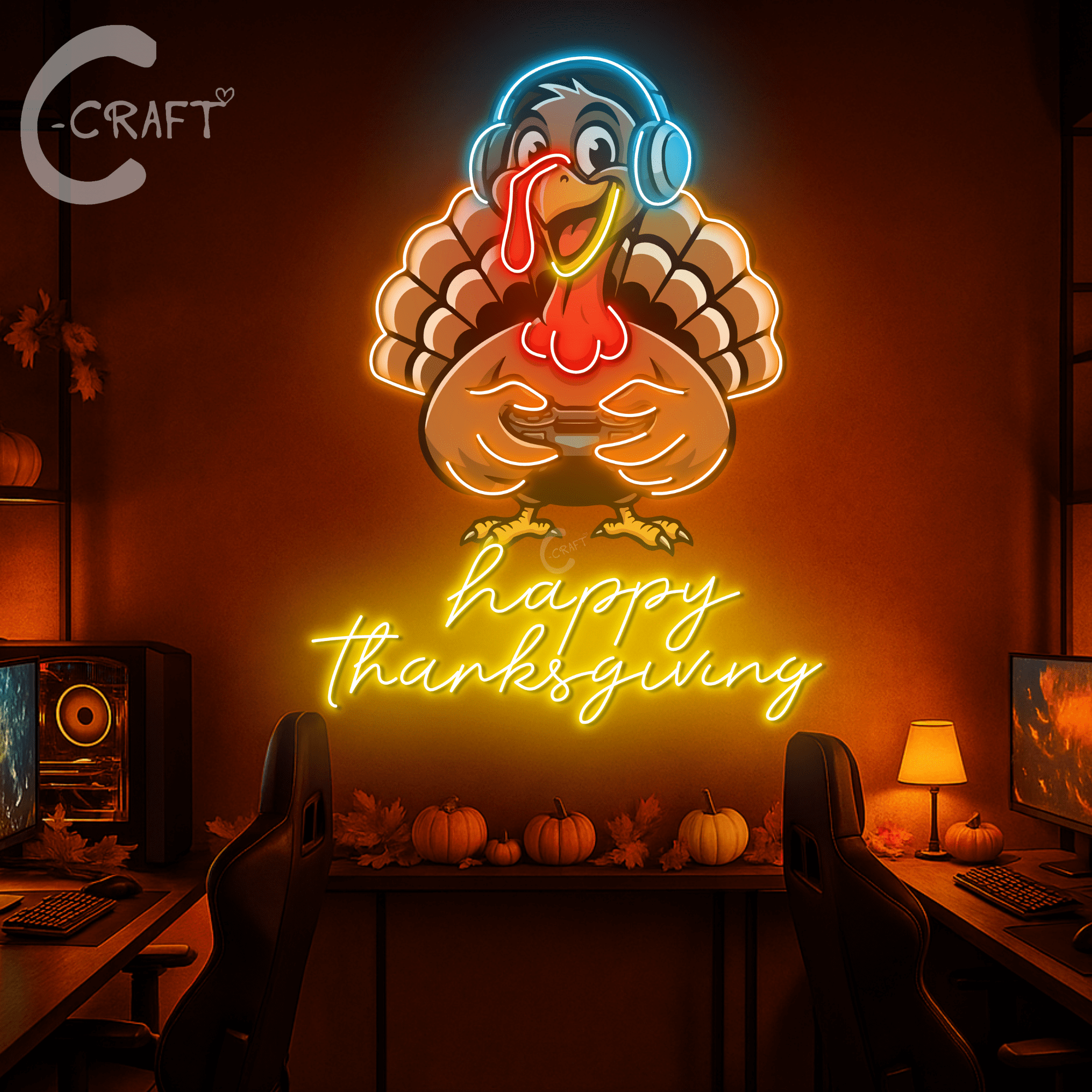 C-CRAFT Funny Turkey Neon UV Sign 35 Inches, Autumn LED Wall Light ...