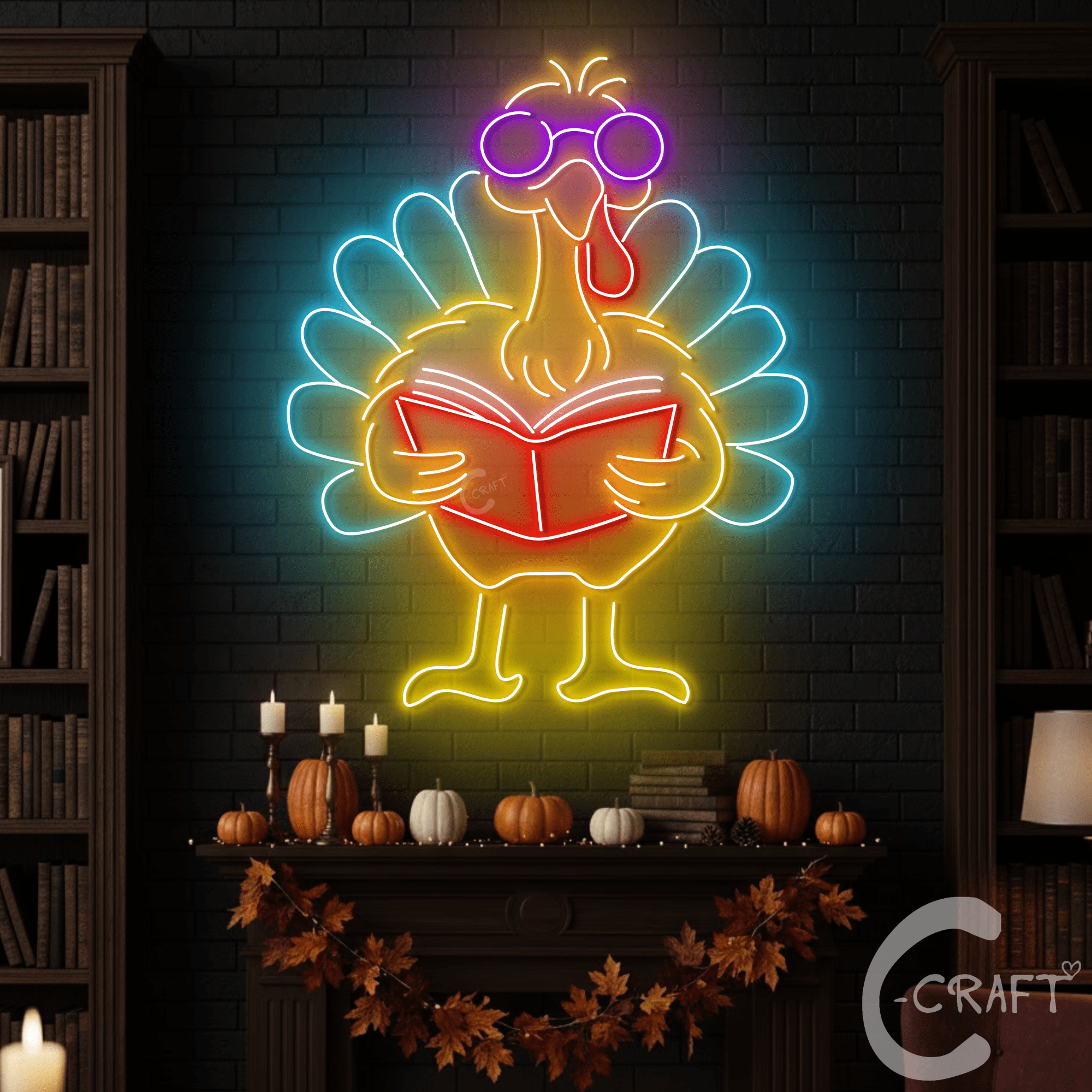 C-CRAFT Funny Turkey Reading Book Neon Light Sign 35 Inches, Autumn LED ...