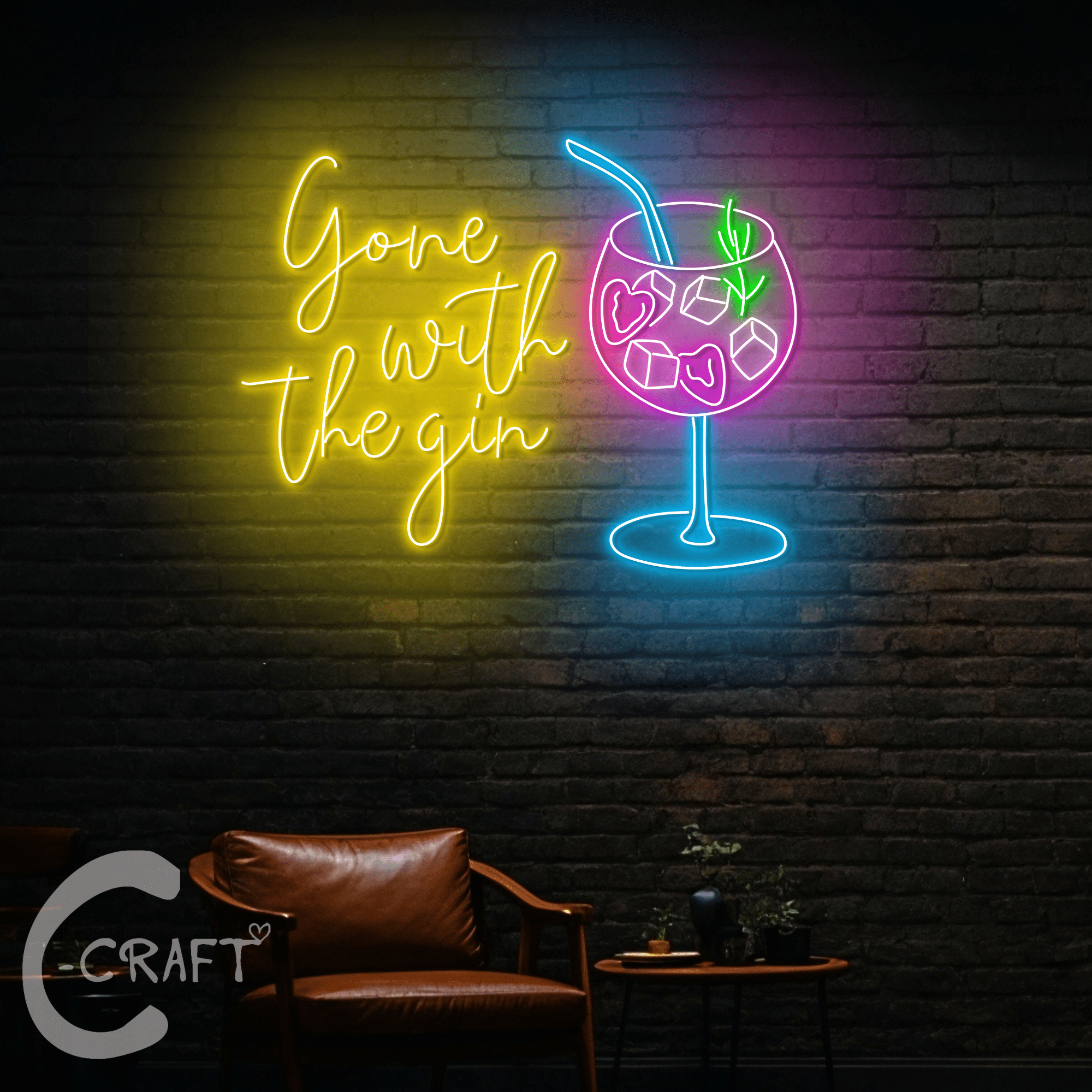 C-CRAFT Gone With The Gin Neon Led Light Up 25 inch for Gin Cocktail Home Bar Wall Decor ...