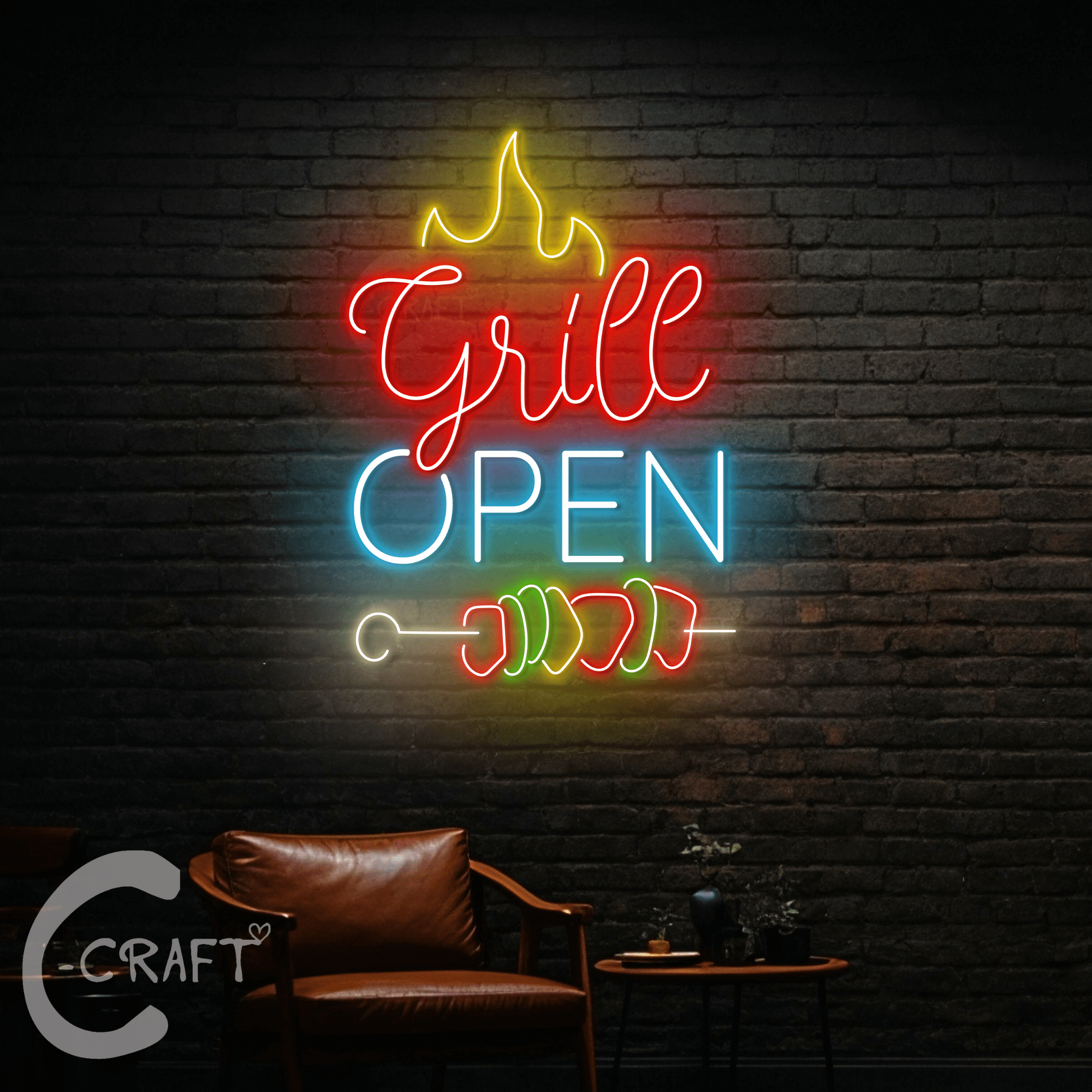 C-CRAFT Grill Open Neon Light Led Sign 30 inch for Barbecue Restaurant ...