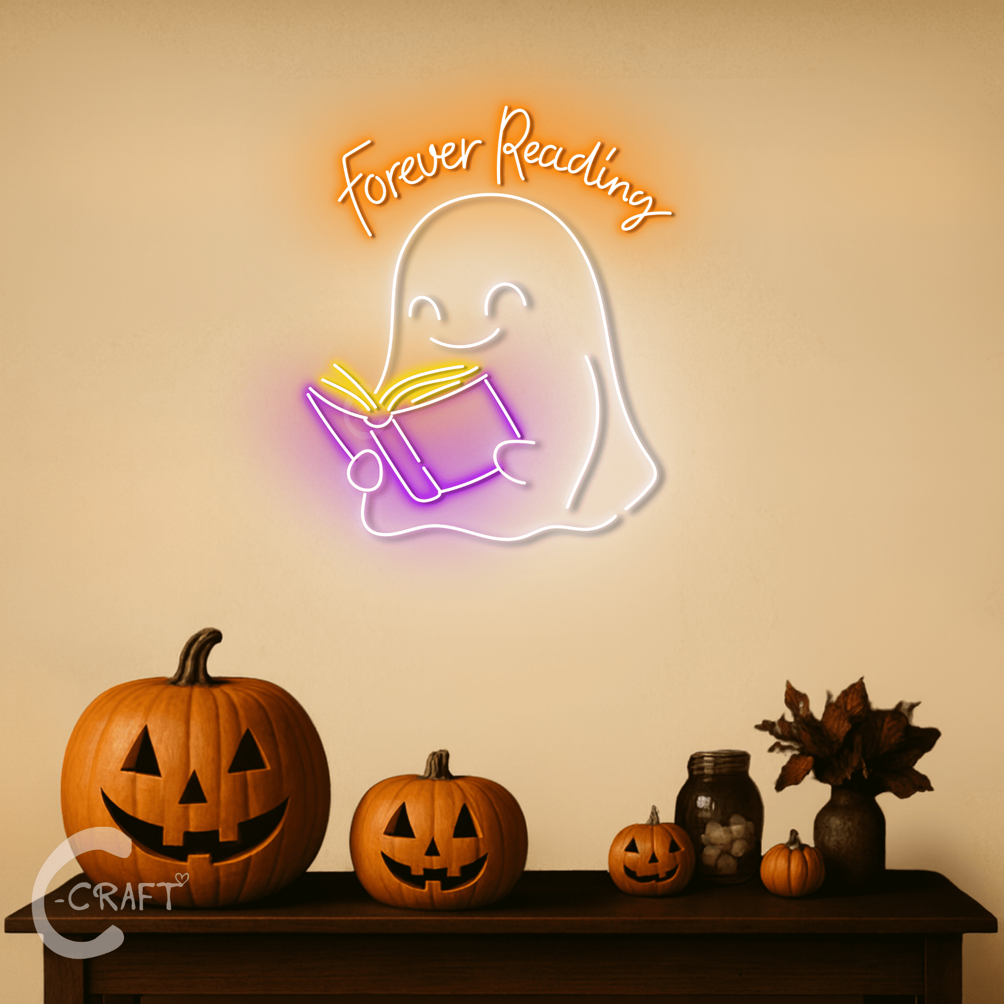 C-CRAFT Halloween Ghost Reading Book Neon Light Sign 25 Inches for ...