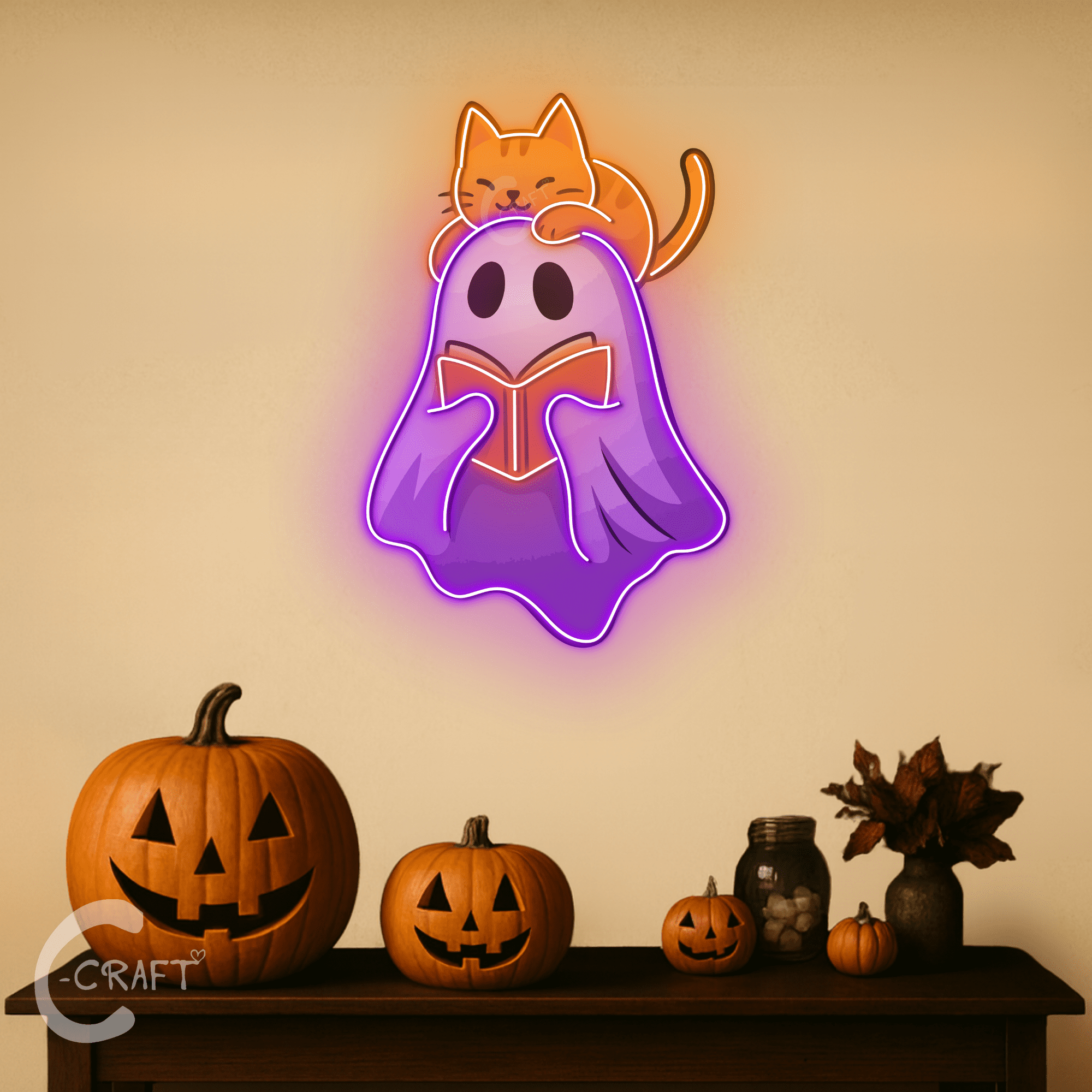 C-CRAFT Halloween Ghost with Cat Neon Light Sign 20 Inches for ...