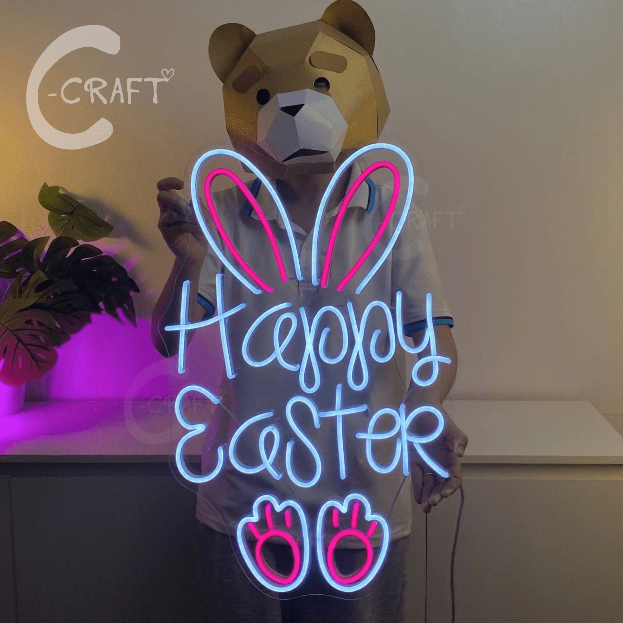 C-CRAFT Happy Easter Bunny Neon Sign Led Light Up 40 inch for Easter ...