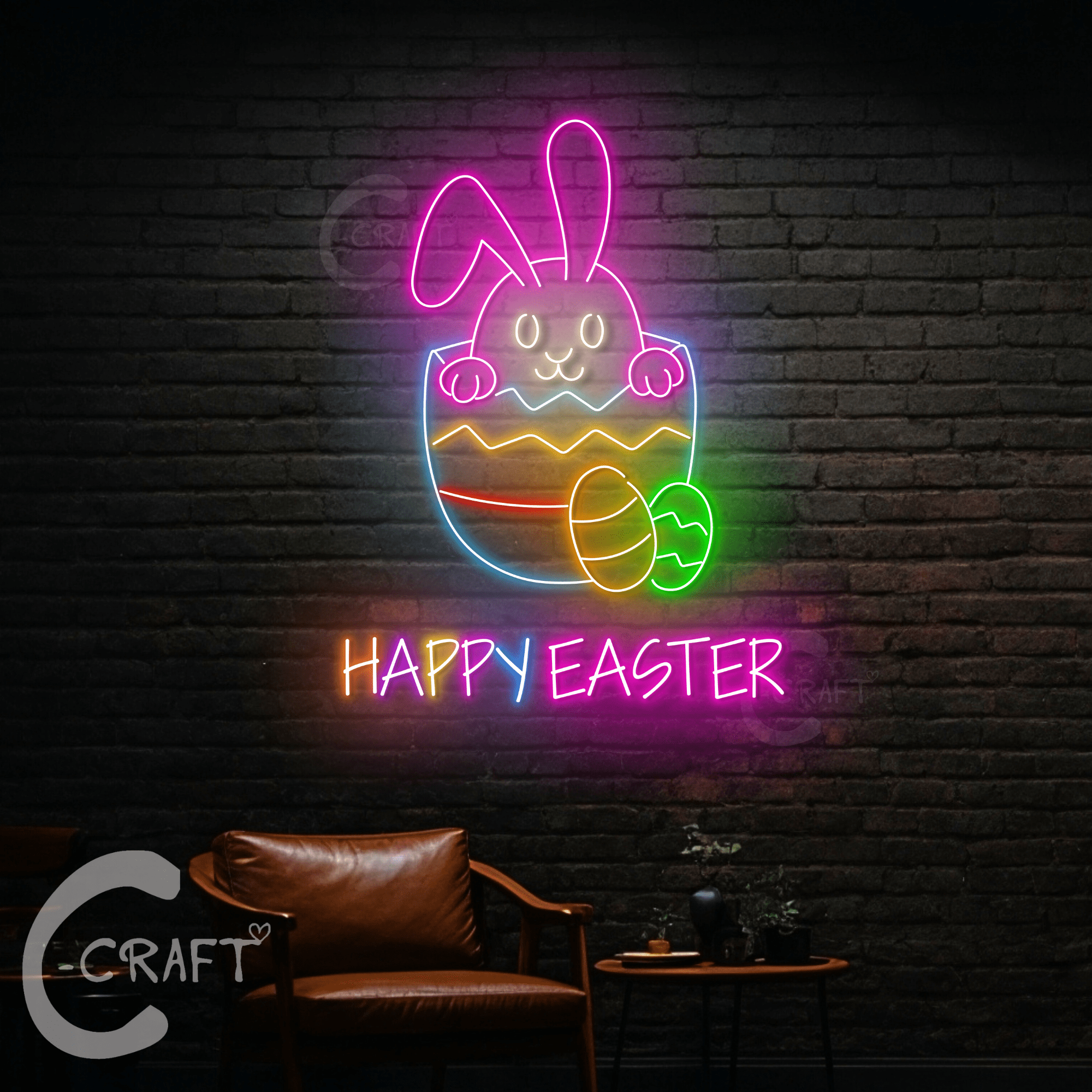 C-CRAFT Happy Easter Eggs Rabbit Neon Sign Led Light Up 30 inch for ...