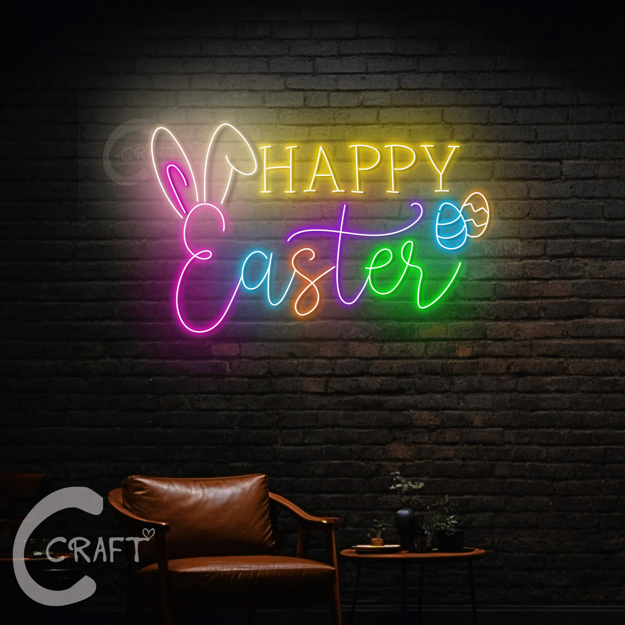 C-CRAFT Happy Easter Neon Sign Led Light Up 33 inch for Easter Day Room ...