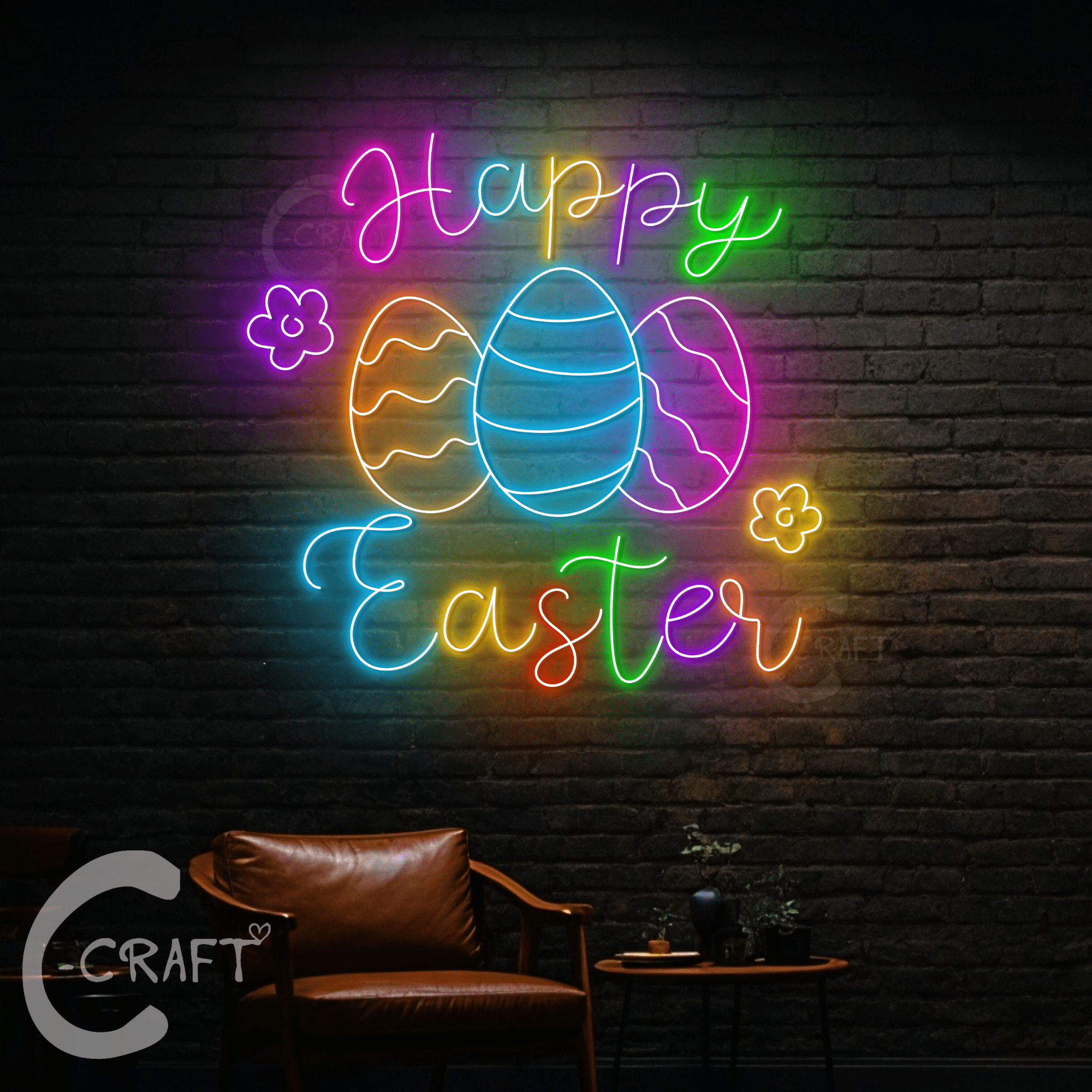 C-CRAFT Happy Easter Neon Sign Led Light Up 35 inch for Easter Party ...