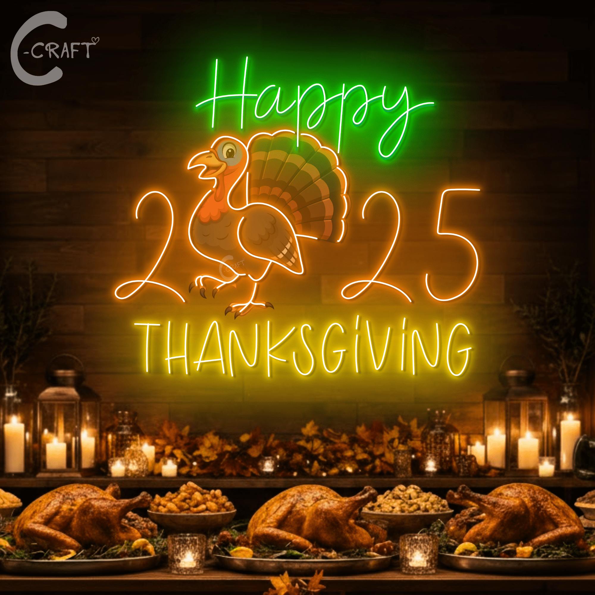 C-CRAFT Happy Thanksgiving 2025 Neon Sign 25 Inches, LED Wall Light for ...