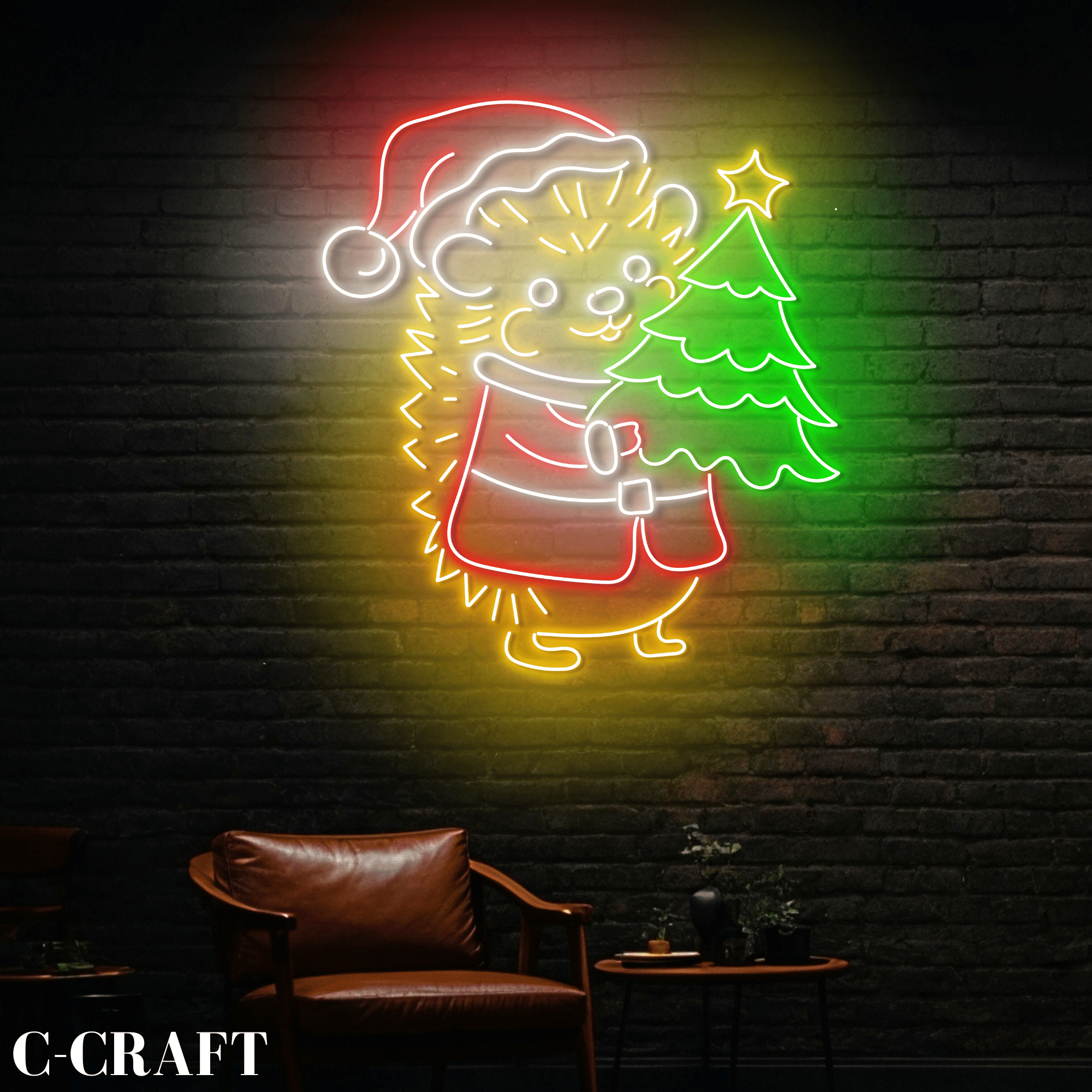 C-CRAFT Hedgehog Pine Tree Neon Led Light for Christmas Kid Room Wall ...