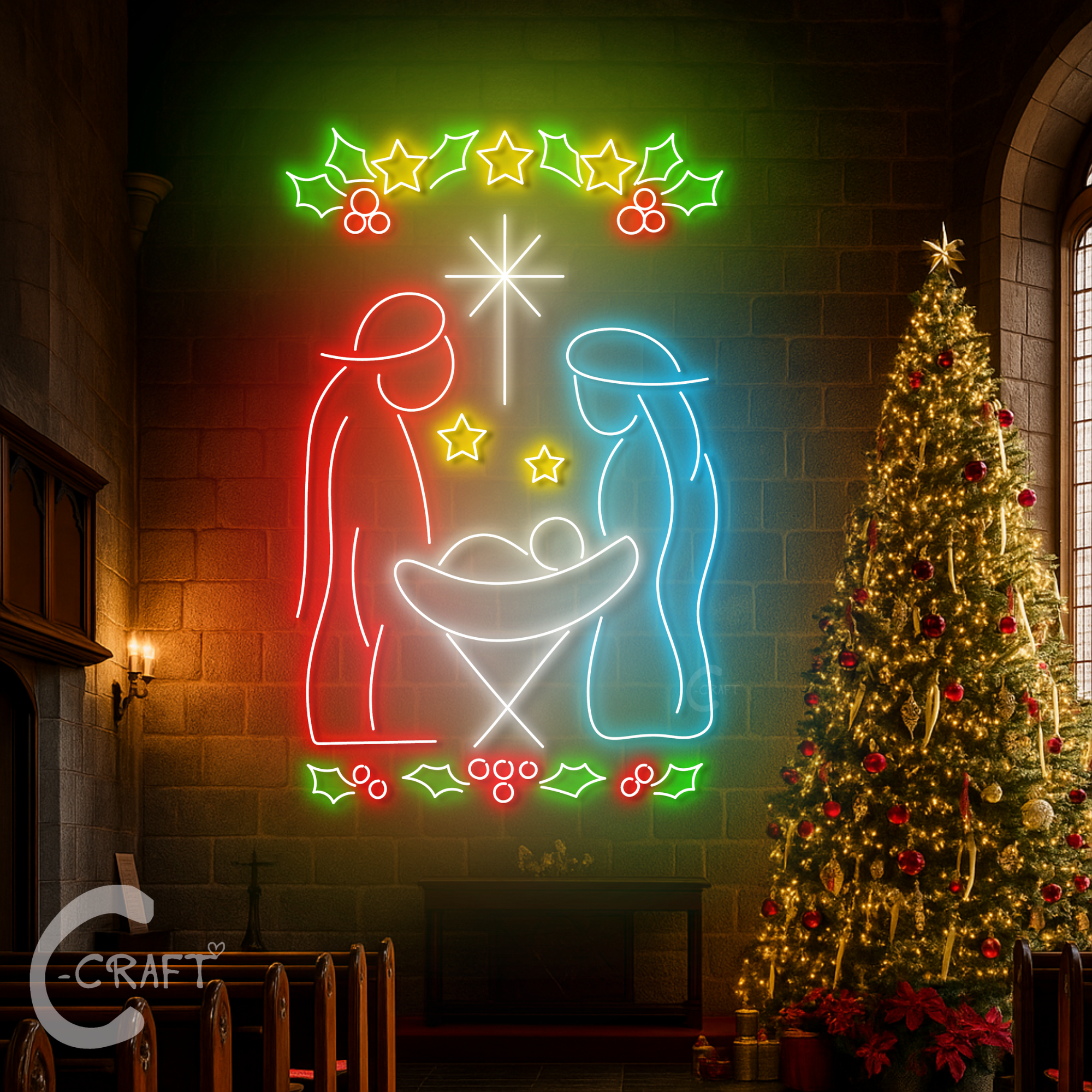 C-CRAFT Holy Nativity Scene Neon Sign 30 Inches, Religious Christmas ...