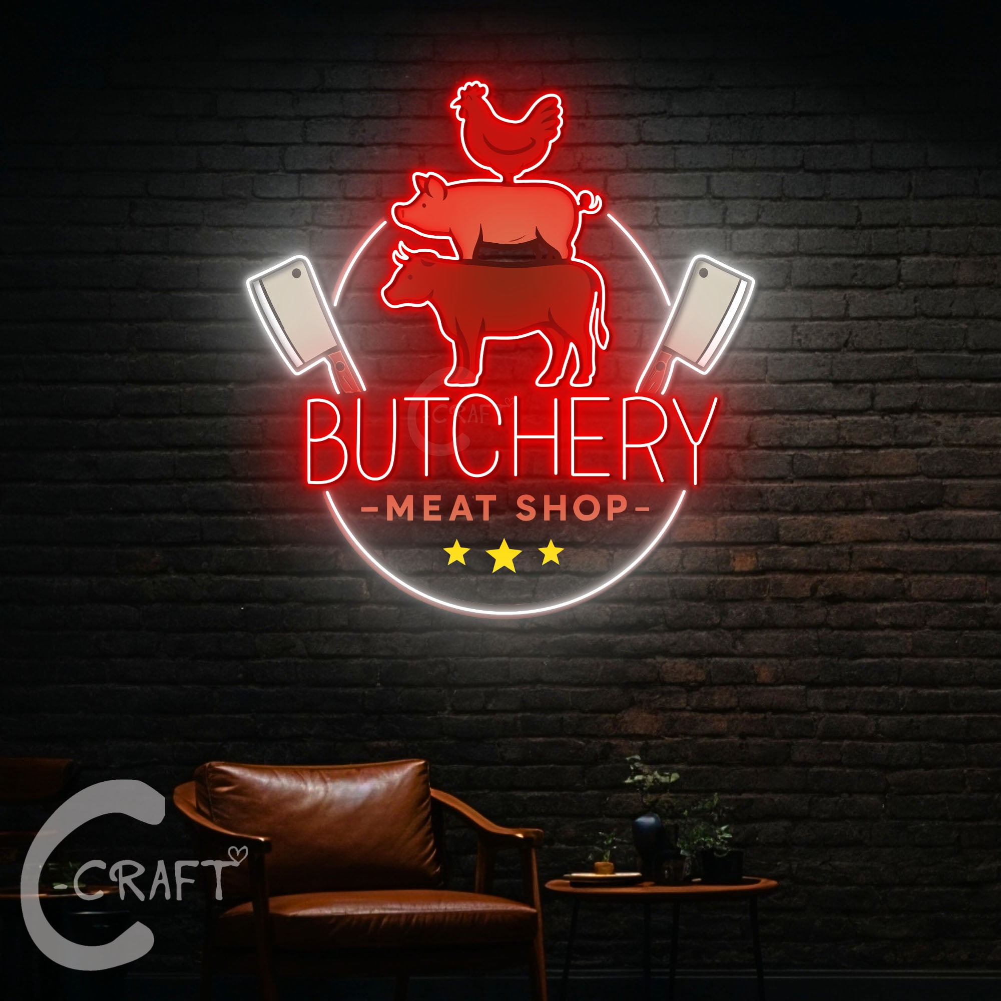 C-CRAFT Meat Shop Acrylic Neon Sign 30 inch for Butcher Shop Wall Art ...
