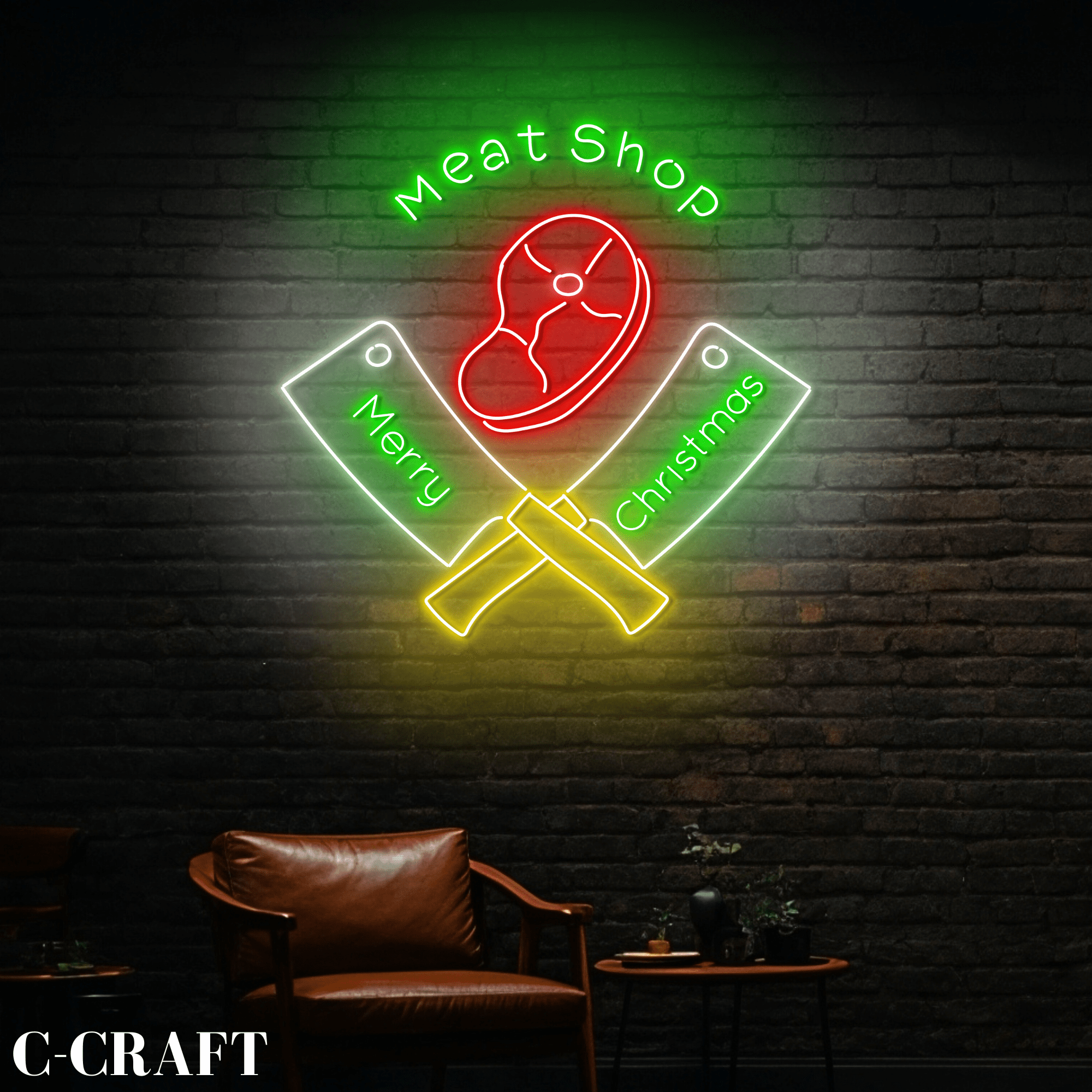 C-CRAFT Meat Shop Christmas Wall Art Led Light Neon Sign For Butcher ...
