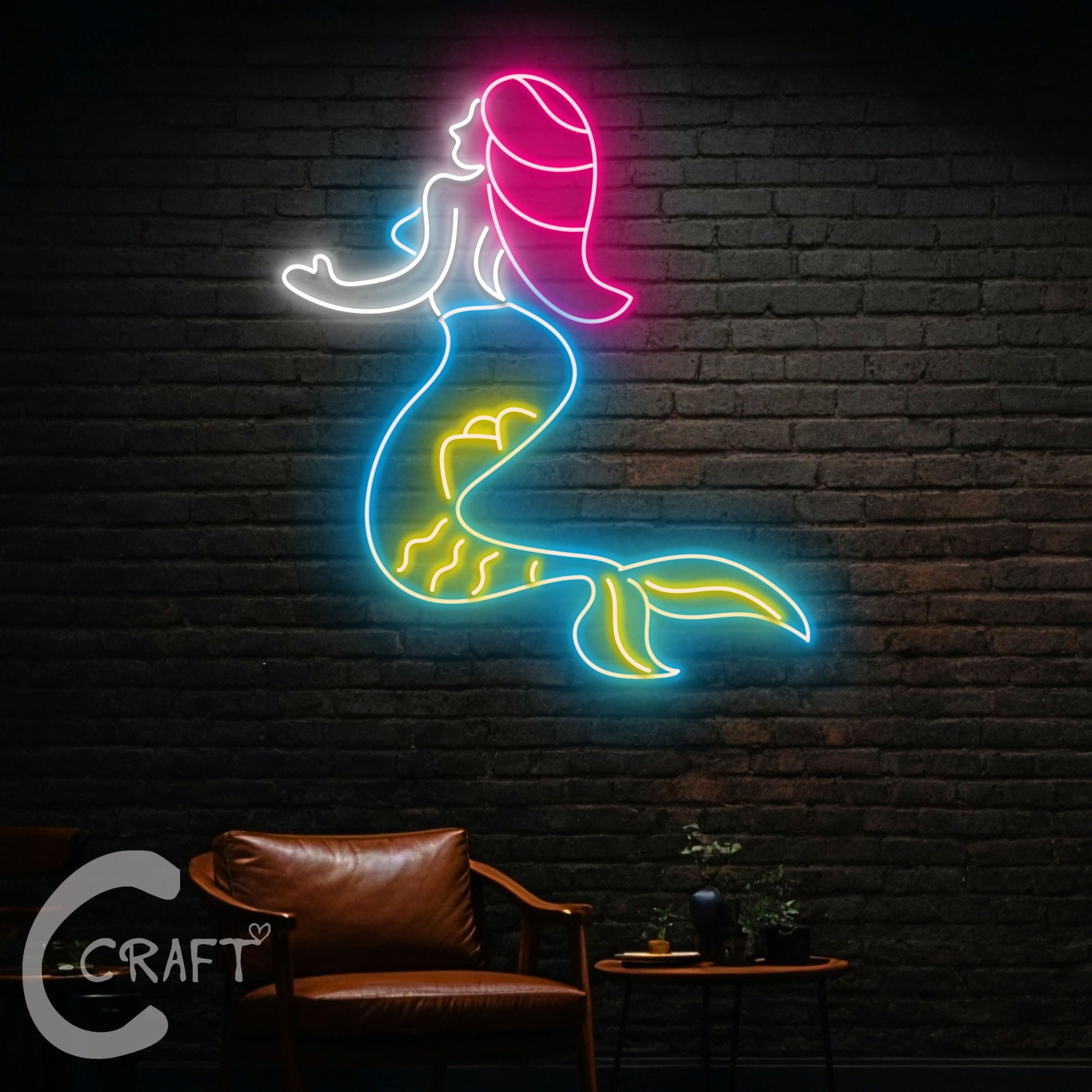 C-CRAFT Mermaid Neon Sign LED Light 30 inch for Kid Room Wall Art Decor ...