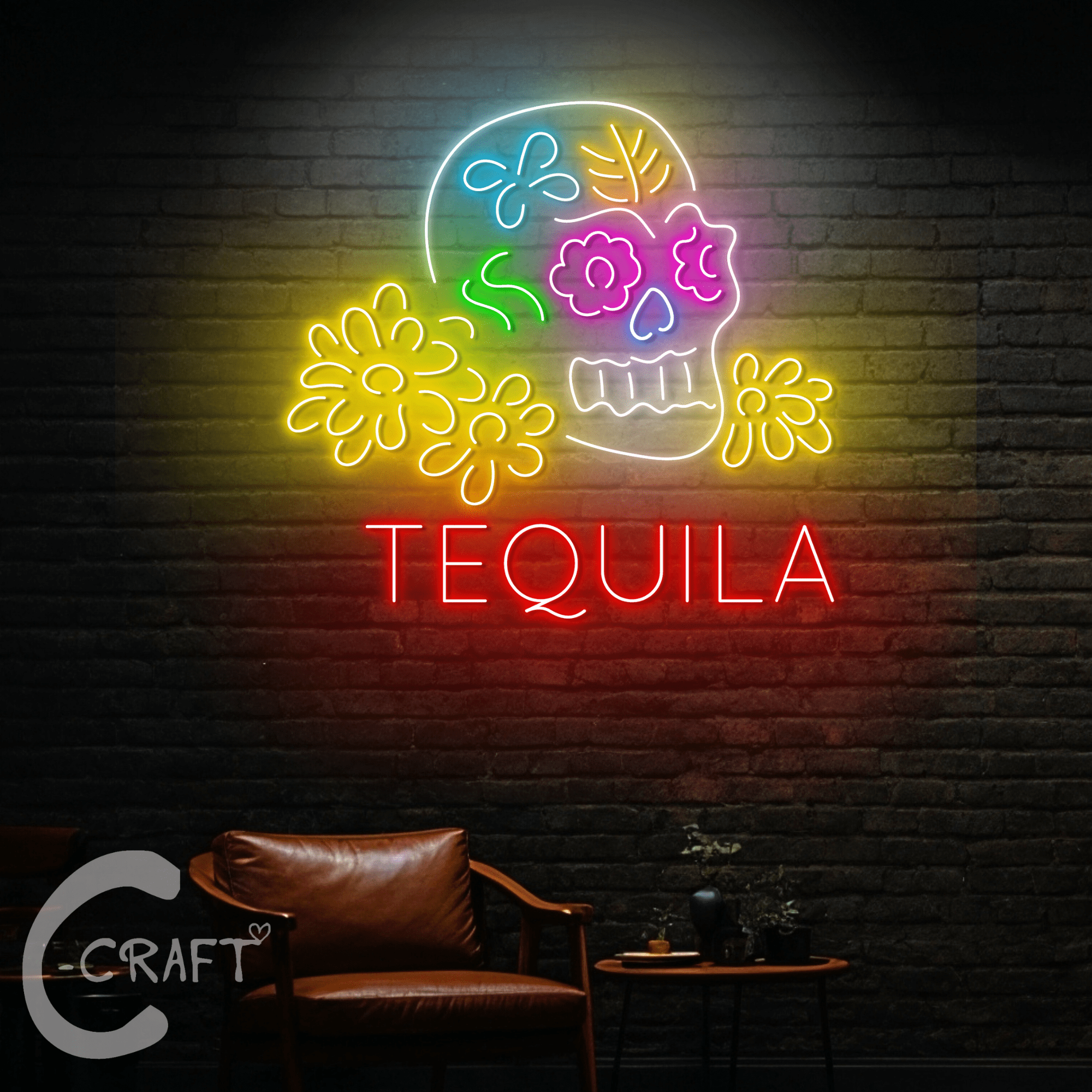 C-CRAFT Mexican Floral Skull Tequila Neon Led Light Up 40 inch for ...