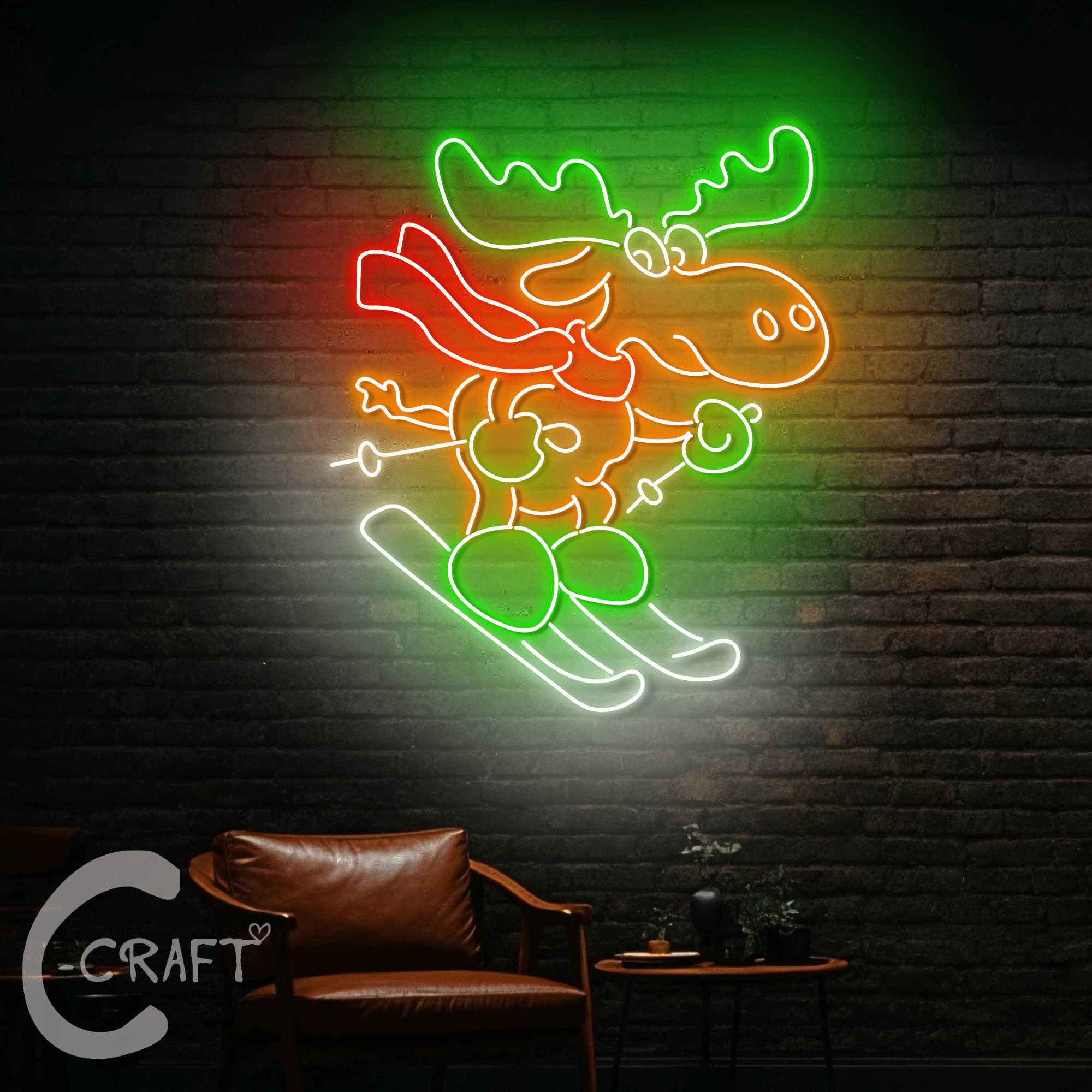 C-CRAFT Moose Skiing Neon Led Light Up 40 inch for Ski Club Bedroom ...
