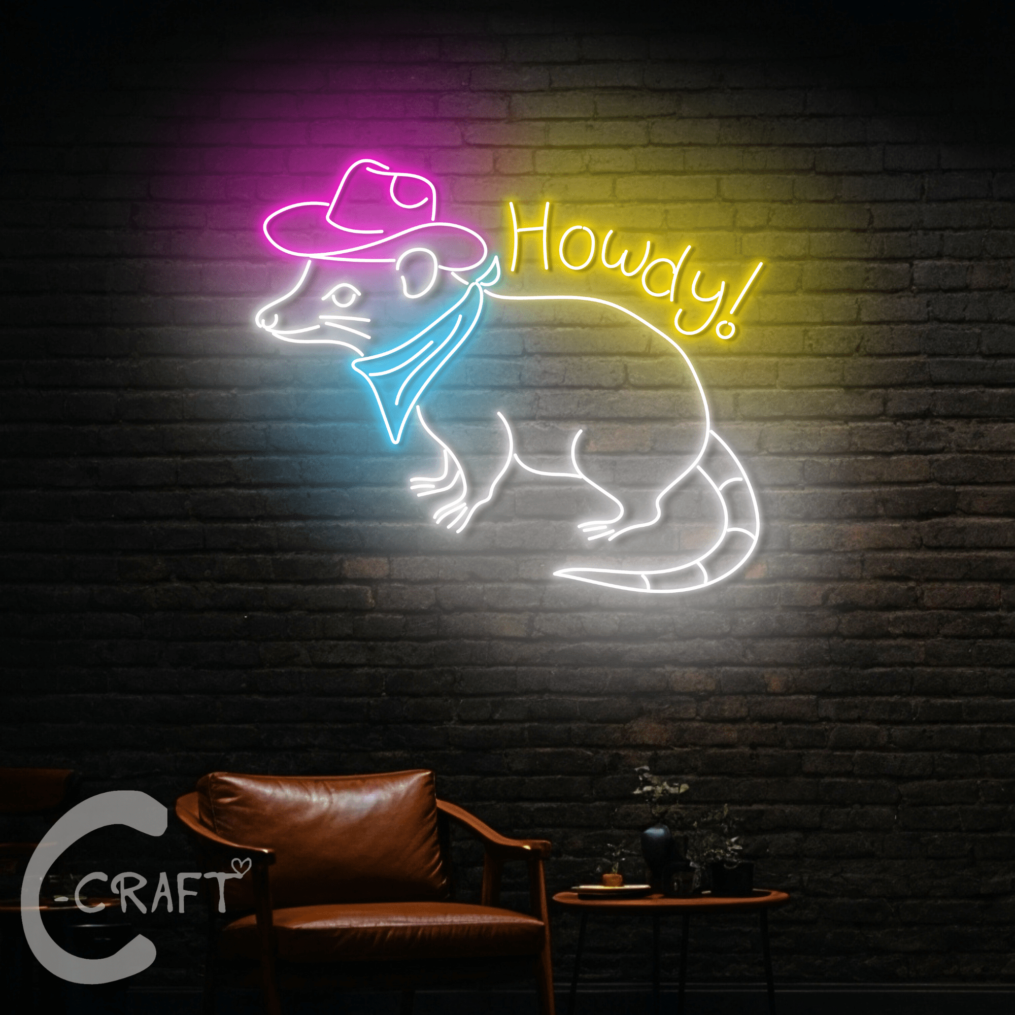 C-CRAFT Opossum Howdy Neon Led Light Up 35 inch for Western Cowboy Home ...