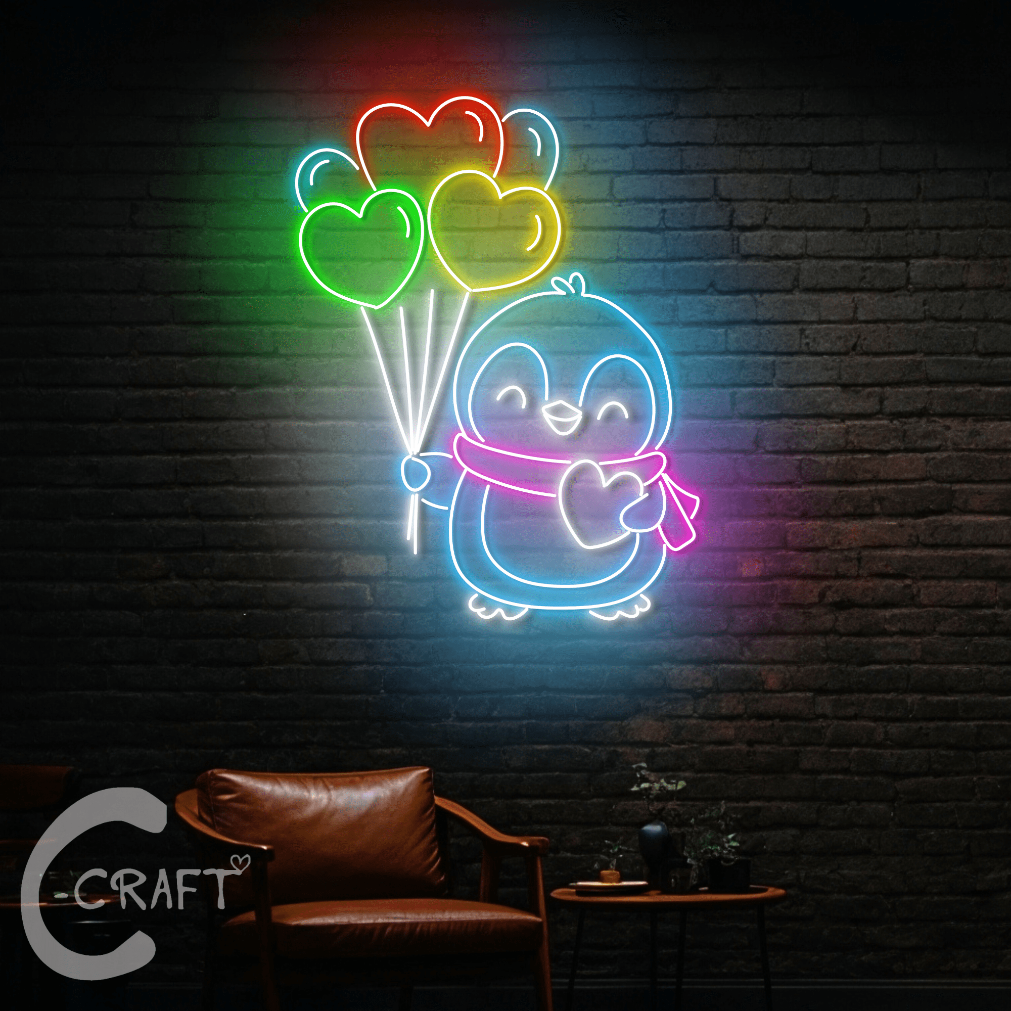 C-CRAFT Penguin Bubbles Neon Led Light Sign 27 inch for Valentines Wall ...