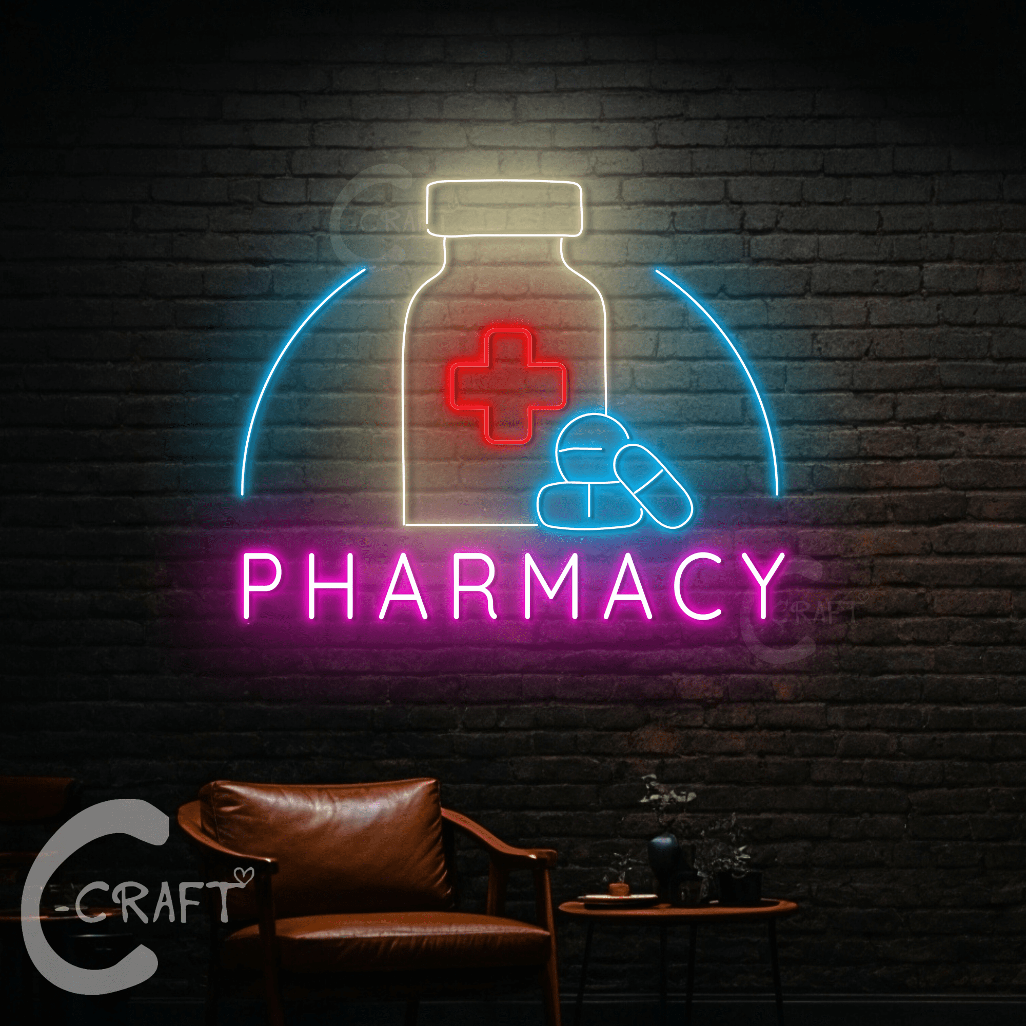 C-CRAFT Pharmacy Neon Sign Led Light Up 33 inch for Drug Store Wall Art ...